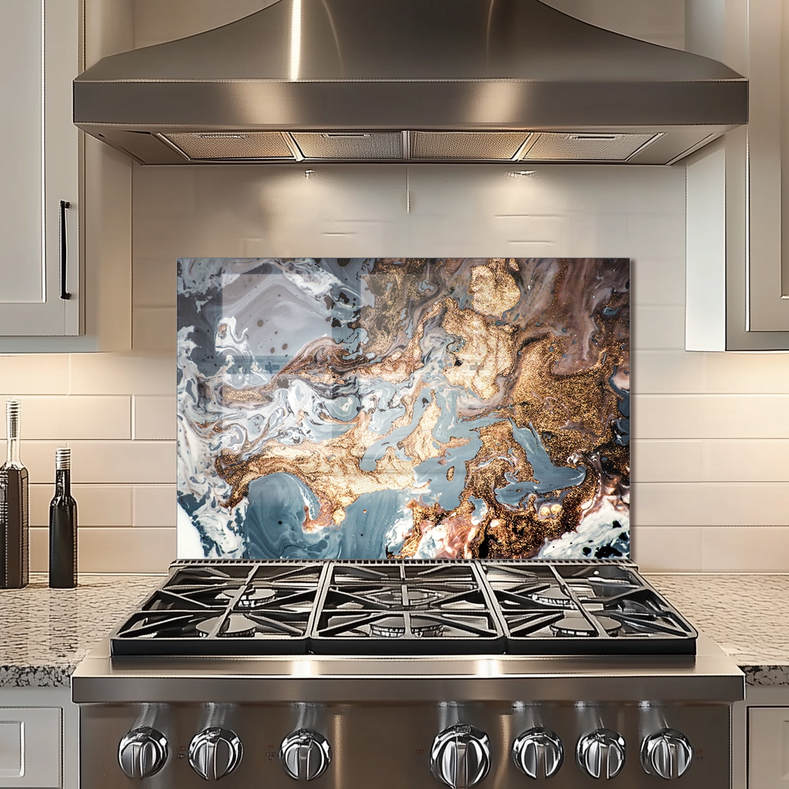 Flowing Gold Marble Tempered Glass Backsplash For Kitchen Behind Stove ...