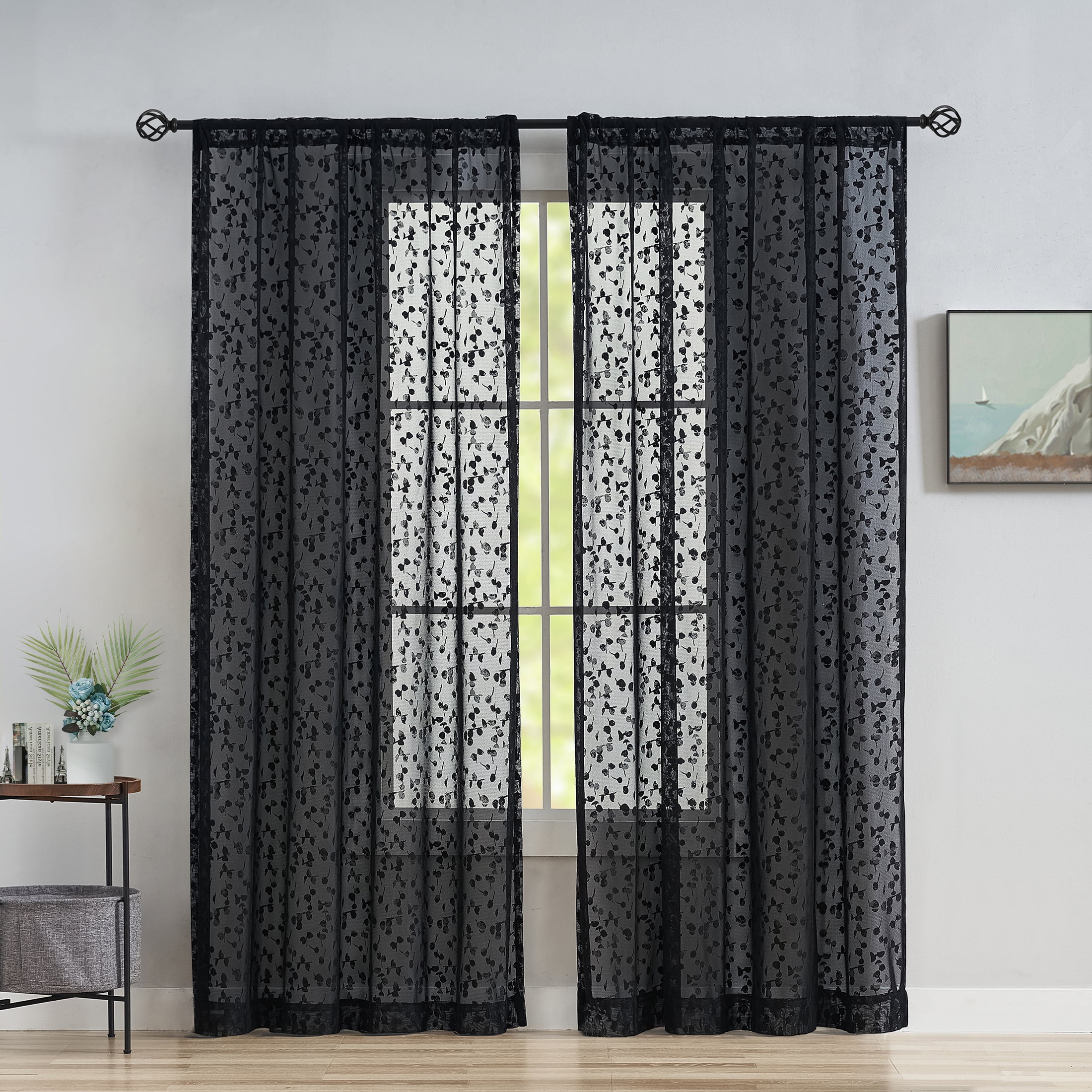 Flowpartex 2 Panels Black Lace Sheer Curtains Spring Leaf Buds ...