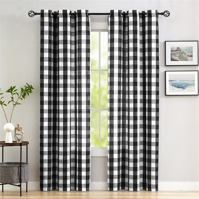 "Flowpartex Checkered Curtains, 2 Panels, Semi Sheer, Black/White Plaid ...