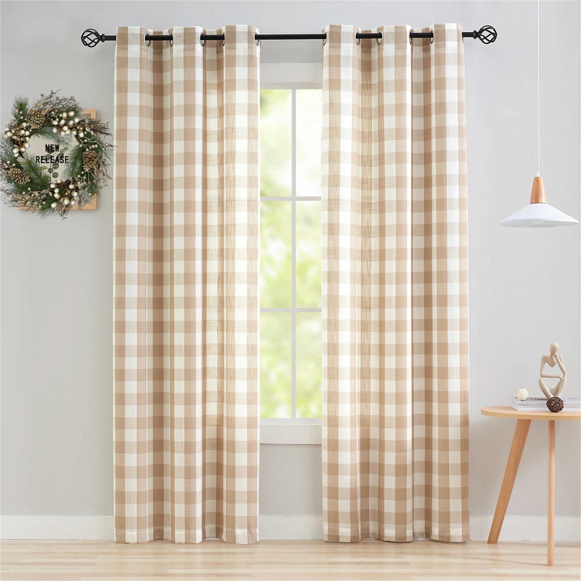 Flowpartex 2 Pairs Tan White Buffalo Plaid Semi Sheer Curtains 40 Wx95 L Grommet Top Walmart