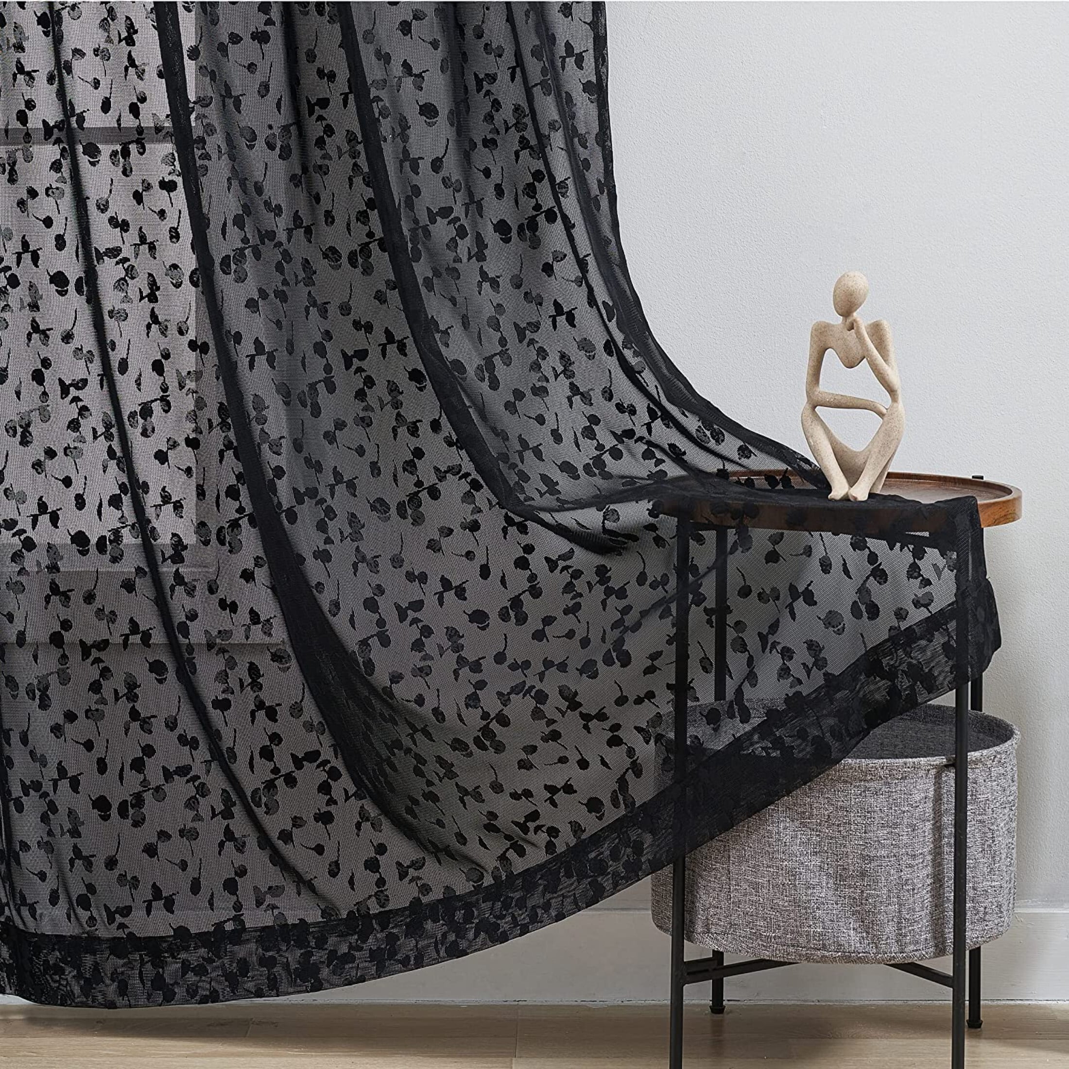Flowpartex Black Lace Sheer Curtains 2 Panels Spring Leaf Buds ...