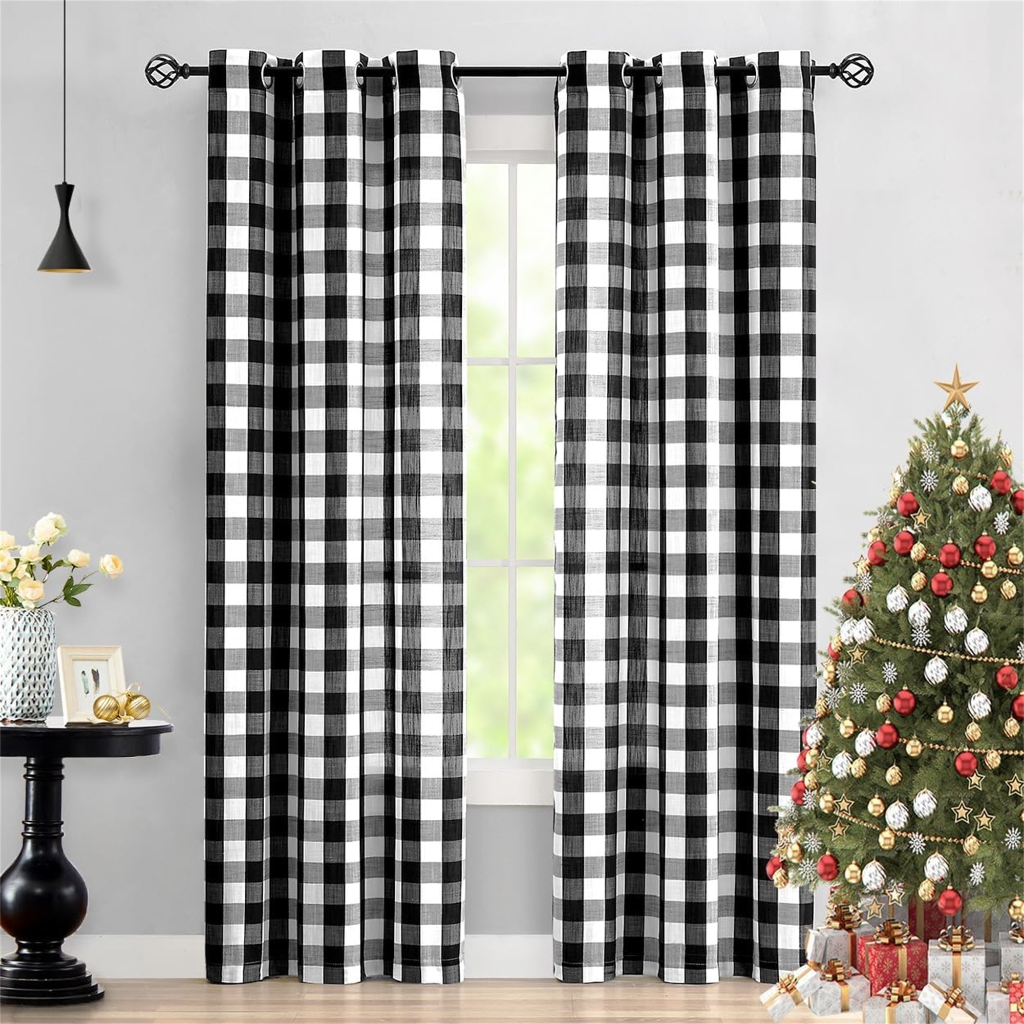 Decotex 2 Piece Plaid Courtyard Buffalo Checkered Grommet Top Window ...