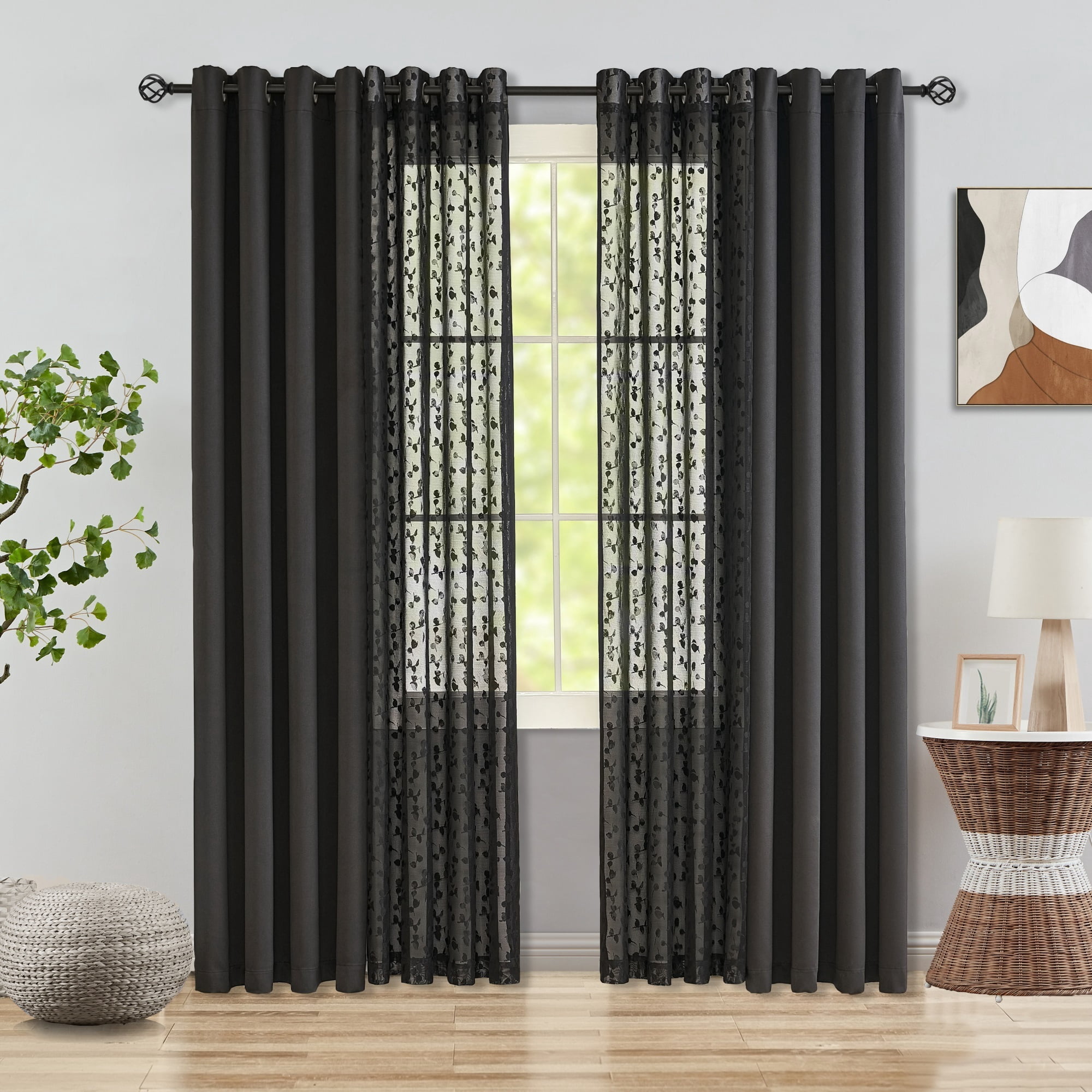 Flowpartex Black White Mix Match Full Blackout & Lace Leaf Sheer Window ...