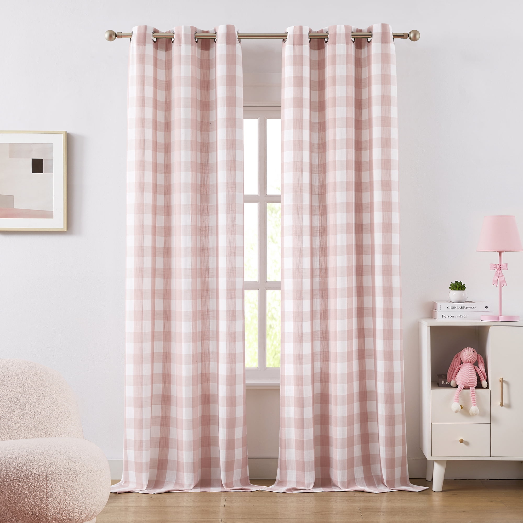 Flowpartex Buffalo Check Semi Sheer Curtain Panels Pink and White Plaid ...