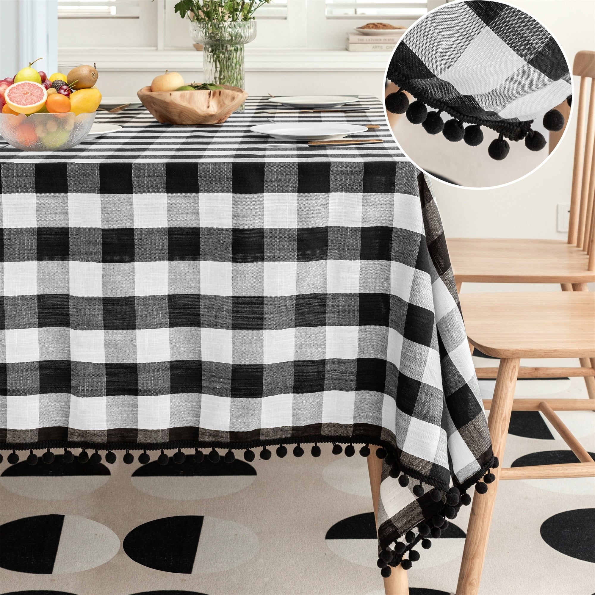 "Flowpartex Buffalo Plaid Tablecloth, 84""Lx60""W, Black/White with ...