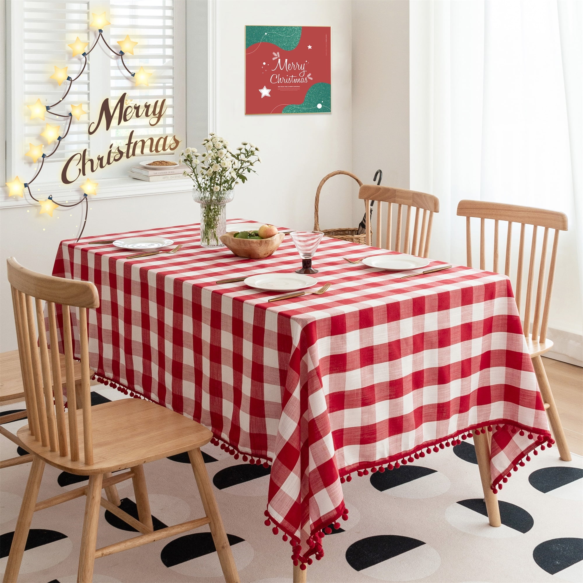 Flowpartex Farmhouse Pompom Checkered Rectangle Linen Tablecloth ...