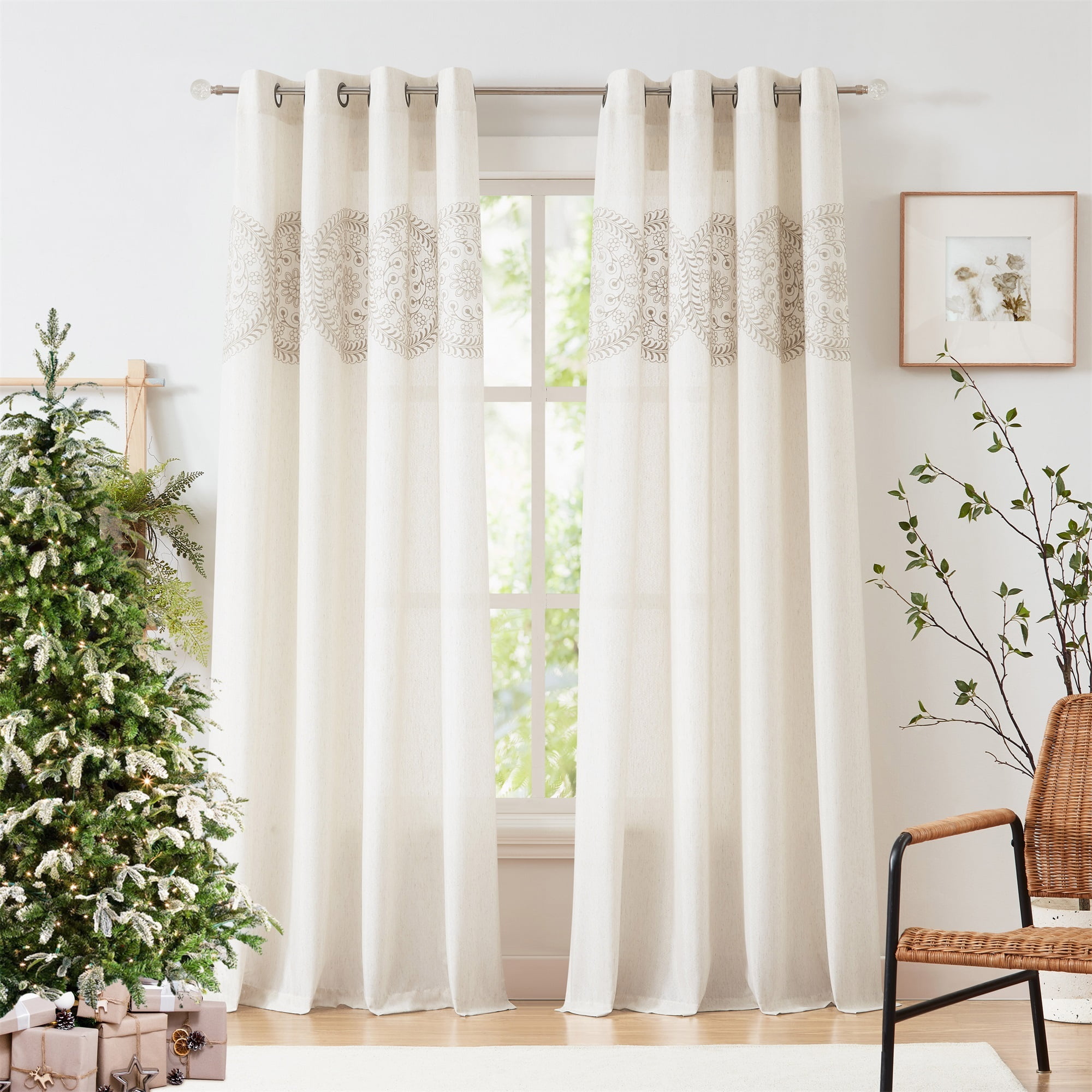 Flowpartex Natural Linen Embroidered Window Curtains 2 Panels ...