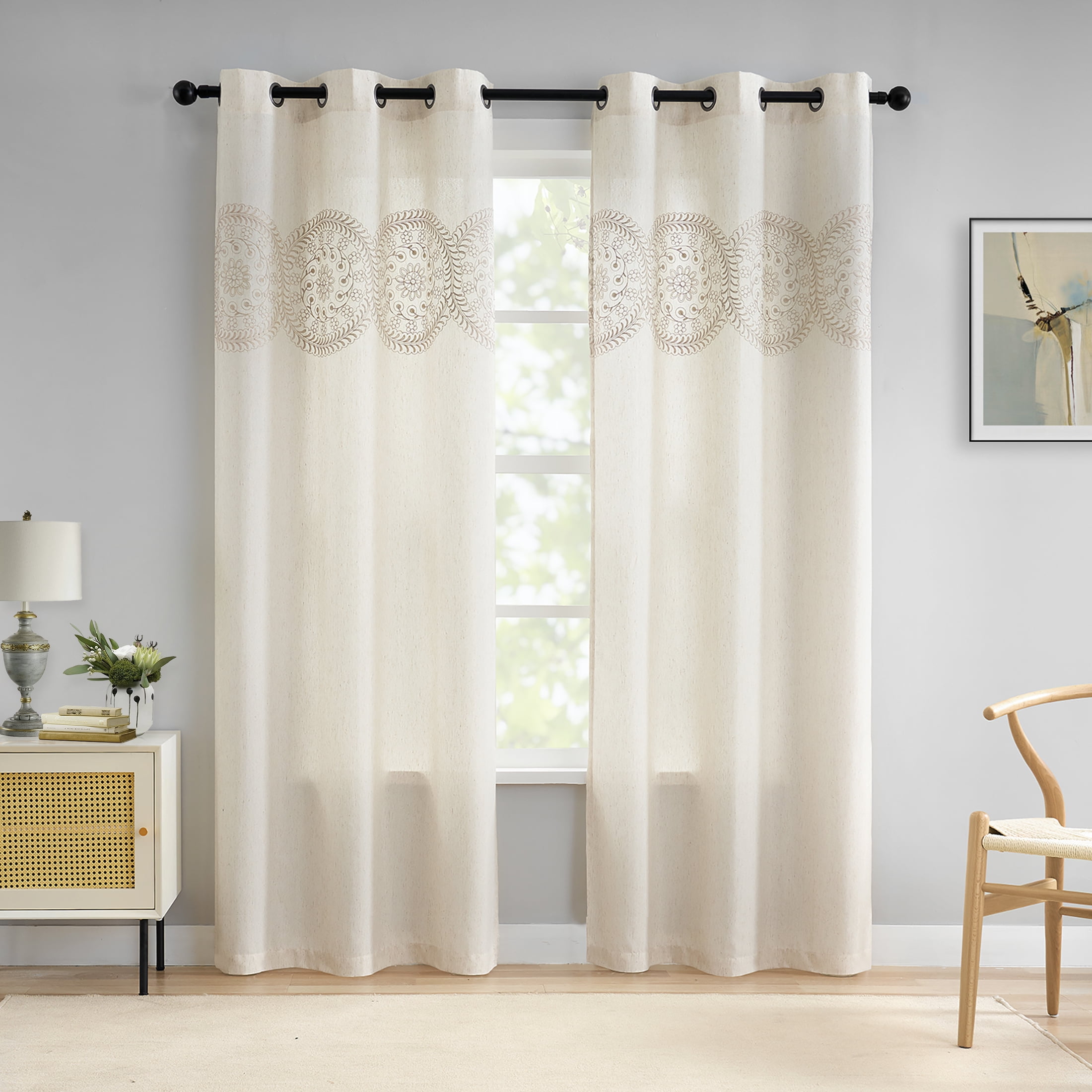 Flowpartex Natural Linen Embroidered Drapes, Farmhouse Tan Floral, Set ...
