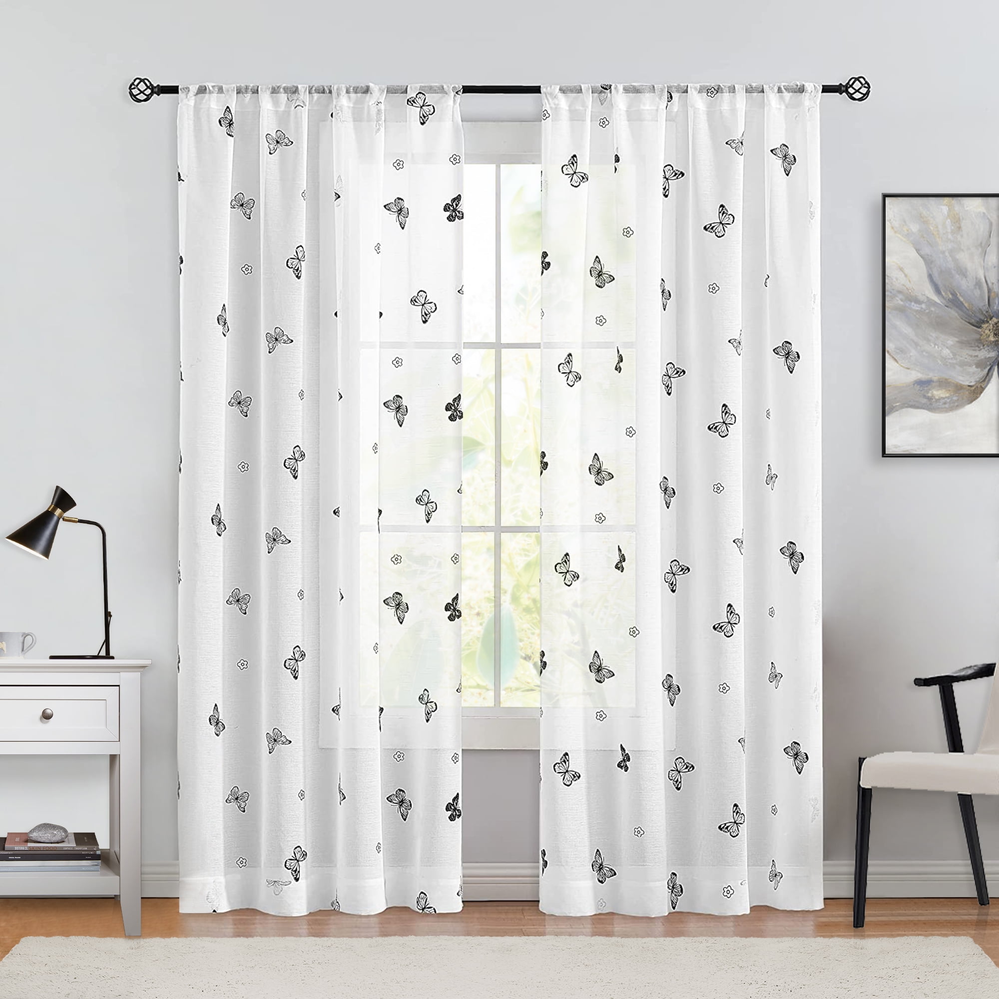 "Flowpartex White Sheer Butterfly Floral Curtains, Light Filtering, 84 ...
