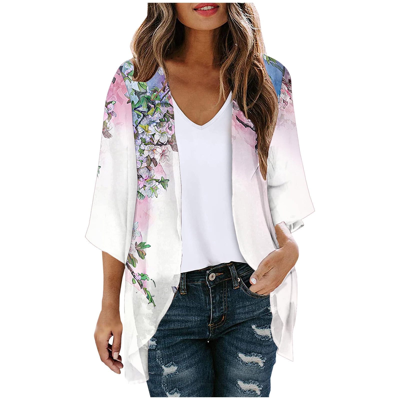 Flowy Cardigans for Women Retro Print Casual Kimono Duster Tops Coat 3/ ...