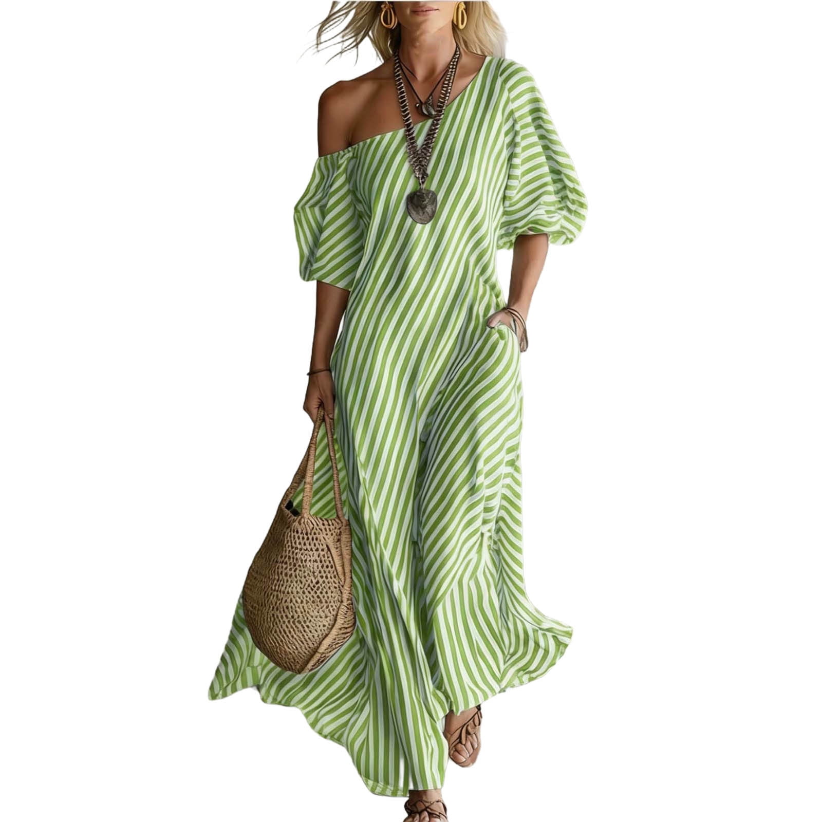 Flowy Dresses for Women Cute Stripe Print One Shoulder Long Dress ...