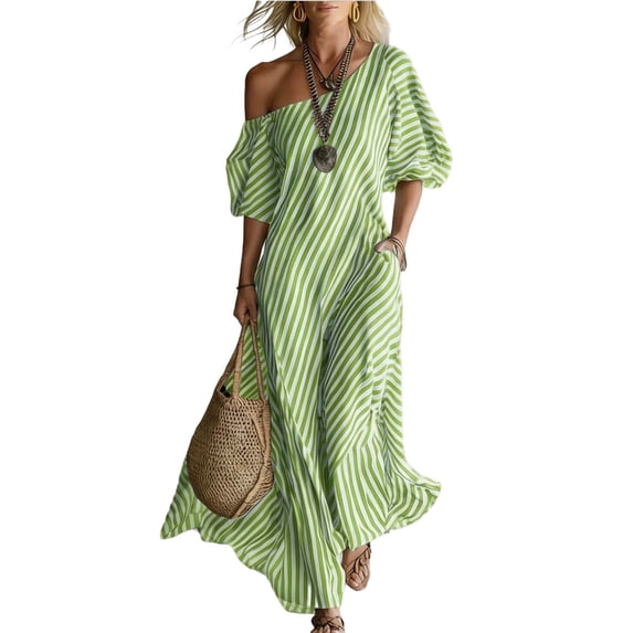 Flowy Dresses for Women Cute Stripe Print One Shoulder Long Dress ...