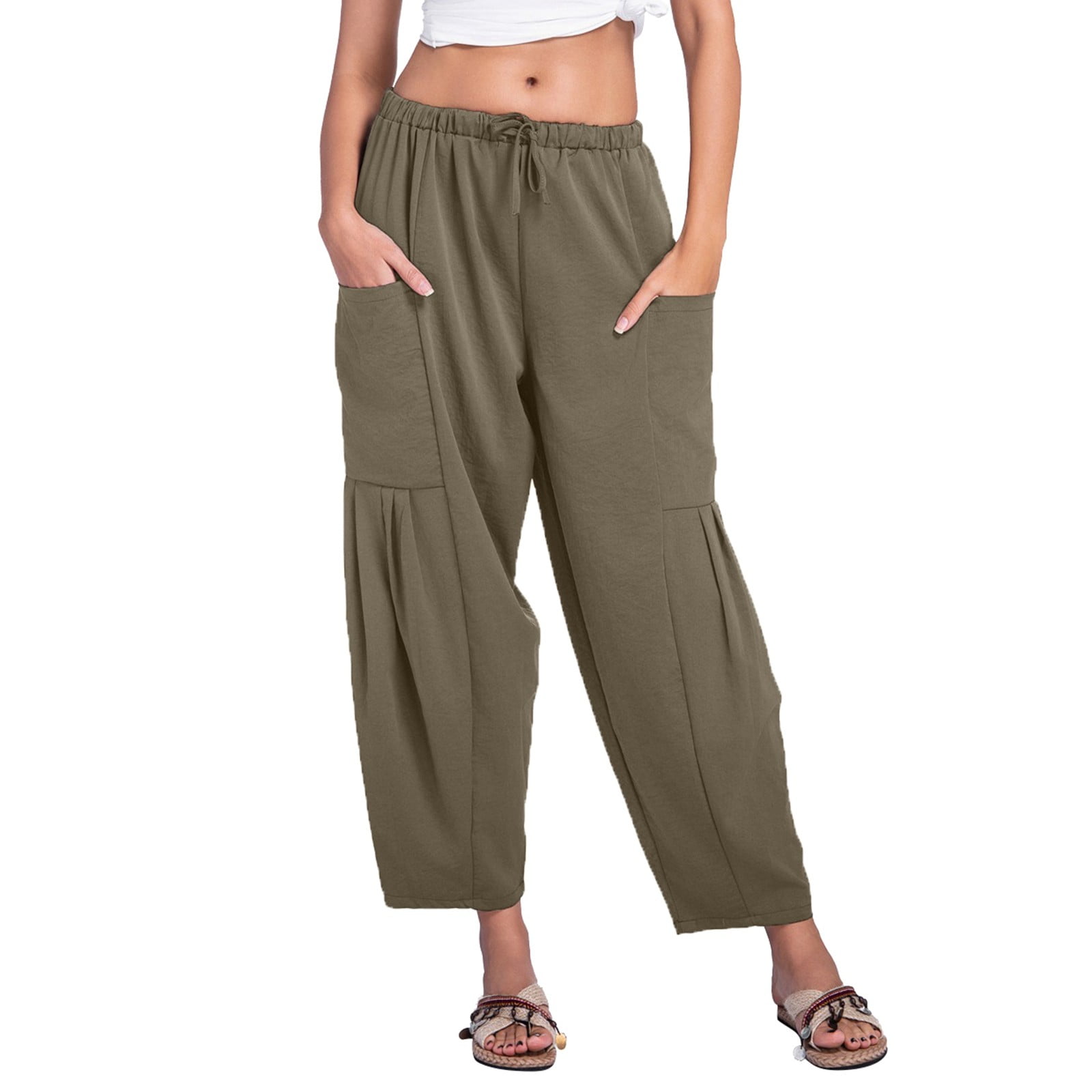 Flowy Pants Women's Summer Solid Color Wide Leg Loose Drawstring Low ...