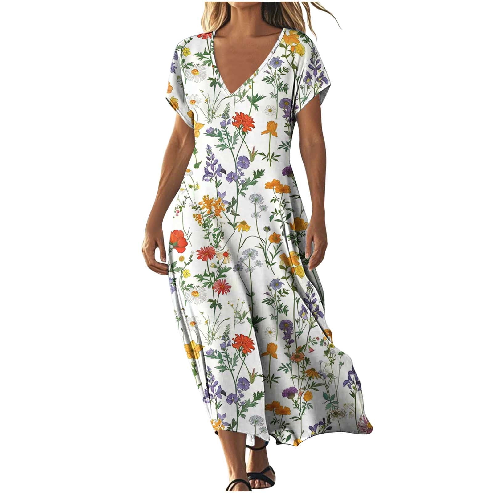Flowy Summer Dresses for Women Trendy V Neck Short Sleeve Midi Maxi ...