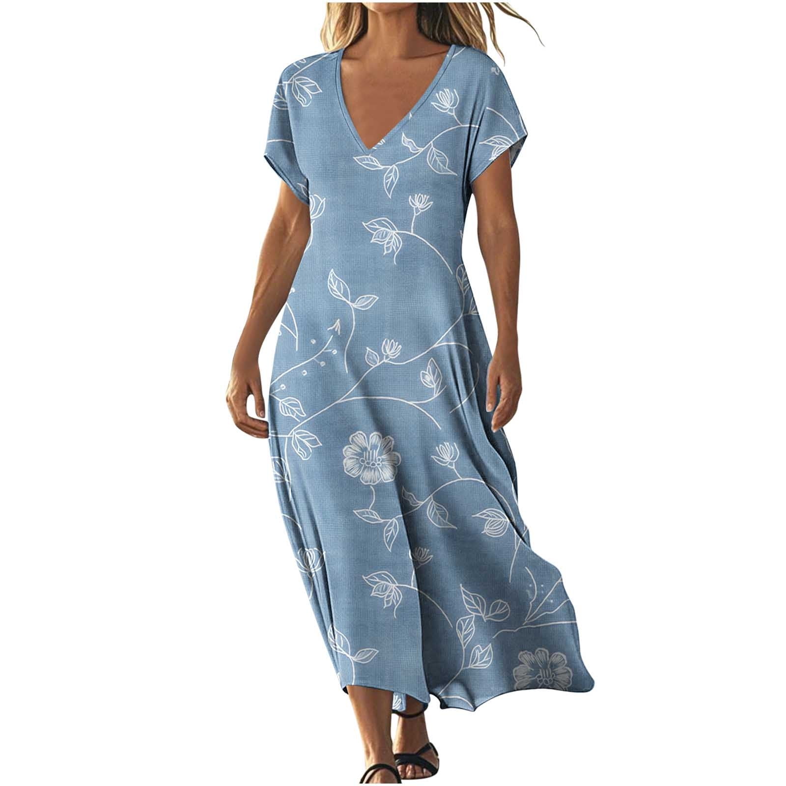 Flowy Summer Dresses for Women Trendy V Neck Short Sleeve Midi Maxi ...