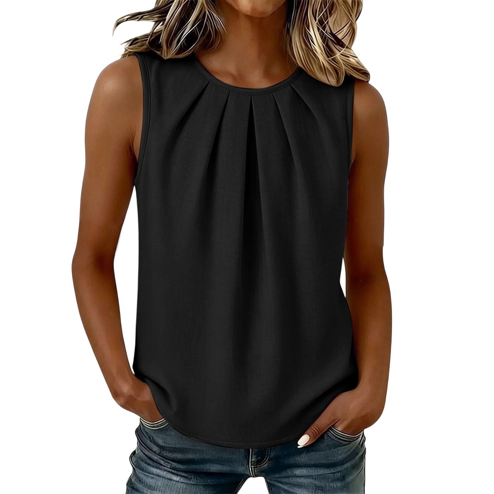 Flowy Tops for Women Pleated Front Tank Tops Business Casual Crew Neck ...