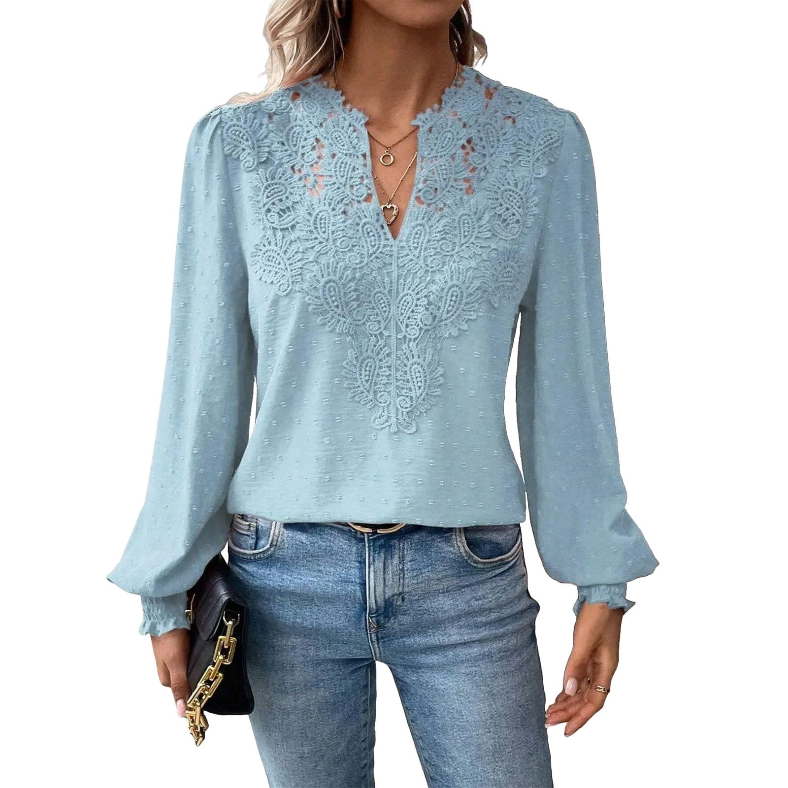 Flowy V-Neck Blouse, Women's Casual Blouses, Long Sleeve Crochet Lace ...