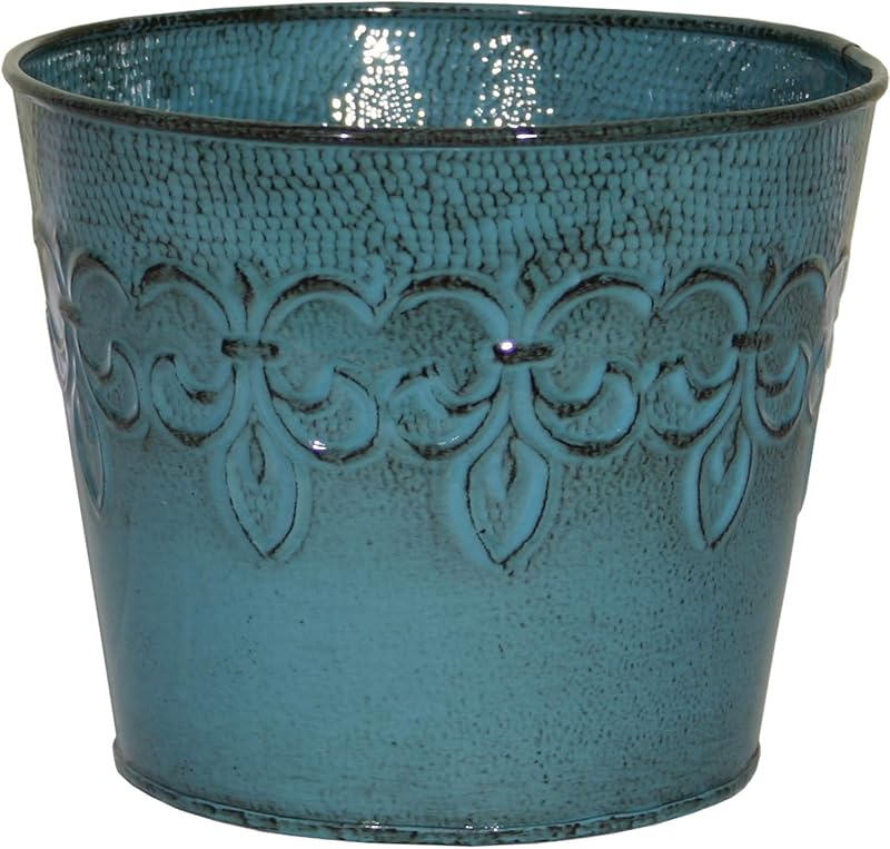 Fluer De Lis Series Metal Planter Flower Pot, 10, 8", Surf Blue ...