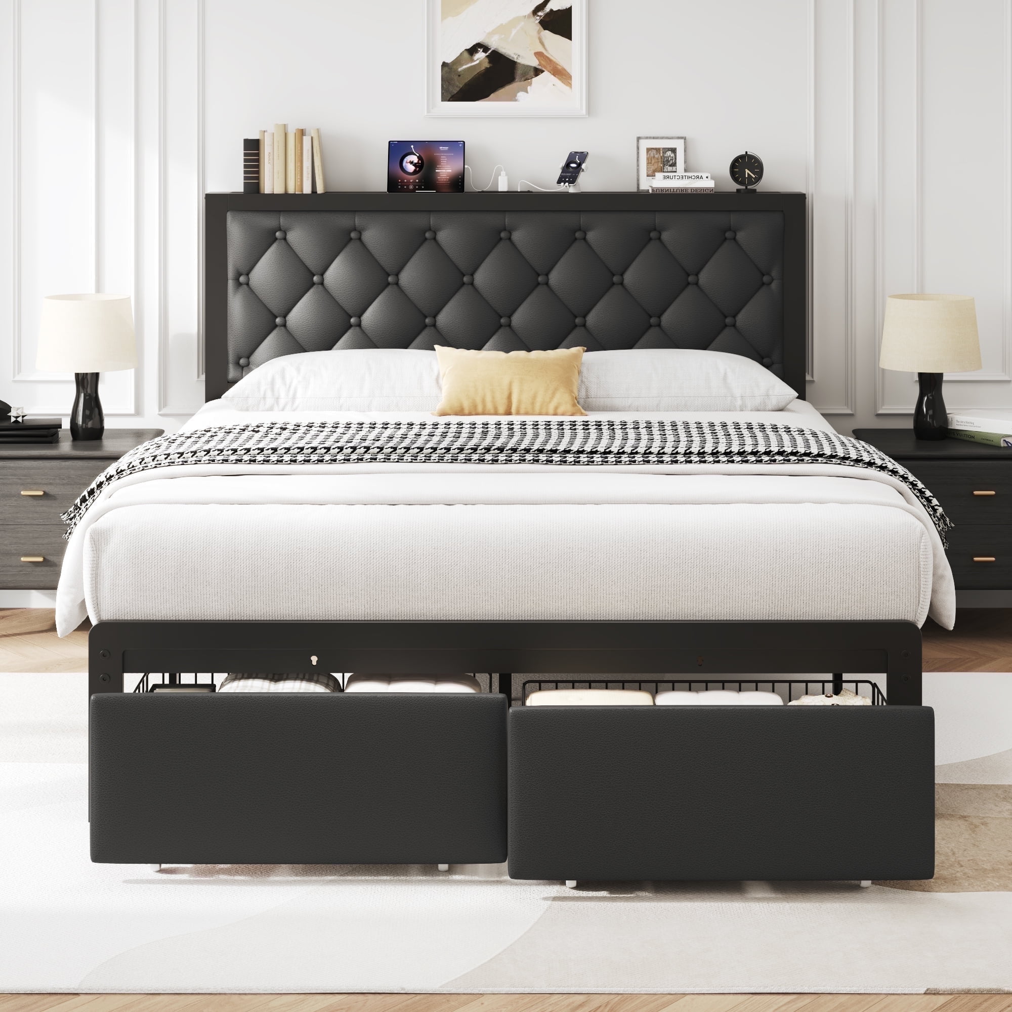 Fluest Bed Frame with Leather Upholstered Headboard, Lockable Storage ...