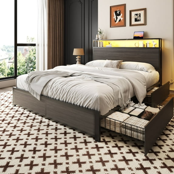 Fluest Full Bed Frame with 2-Tier Storage Headboard, USB Port and LED ...