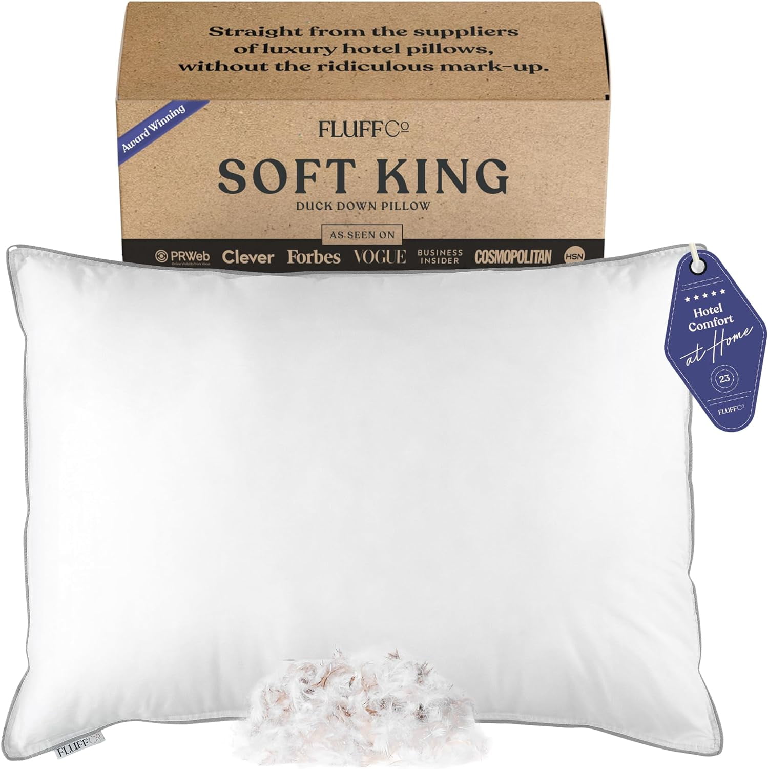 FluffCo King Size Firm Bed Pillow, 600 Fill Power White Duck Down, 300 ...