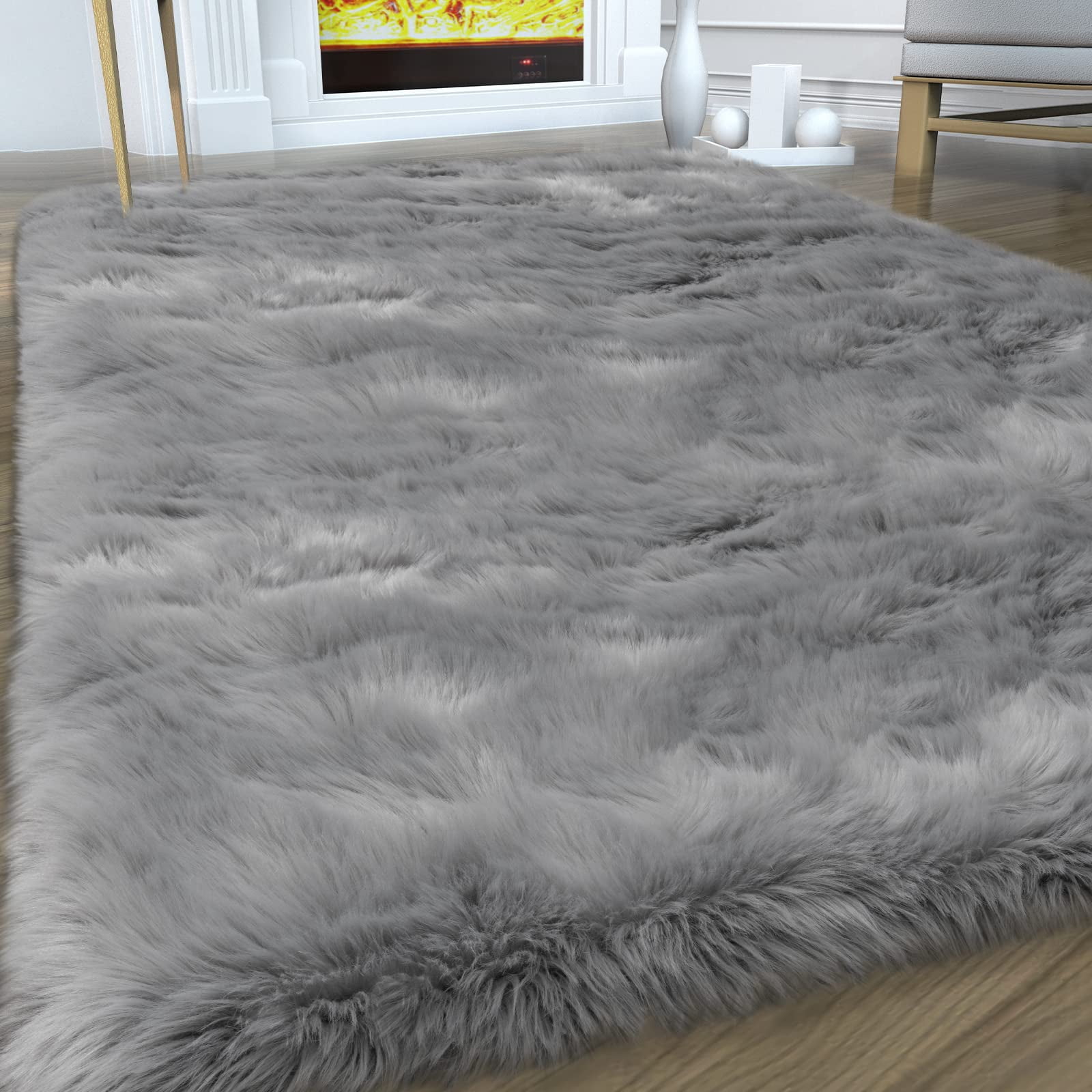 Fluffy Area Rug, Grey Faux Fur Rug for Bedroom 3'x5', Soft Shag Fuzzy ...