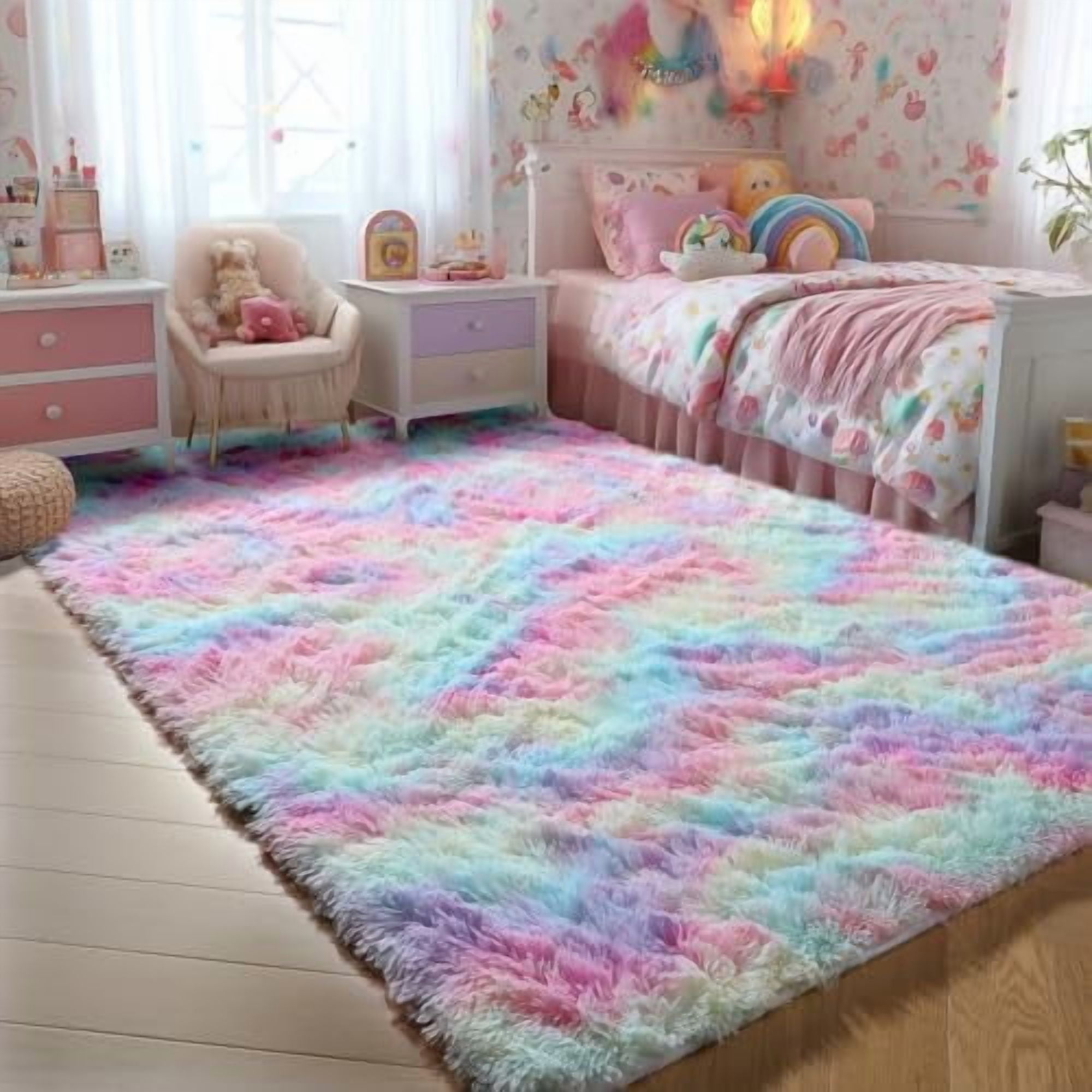 Fluffy Colorful Rainbow Rugs for Bedroom Girls 5x7, Soft Unicorn Shag ...