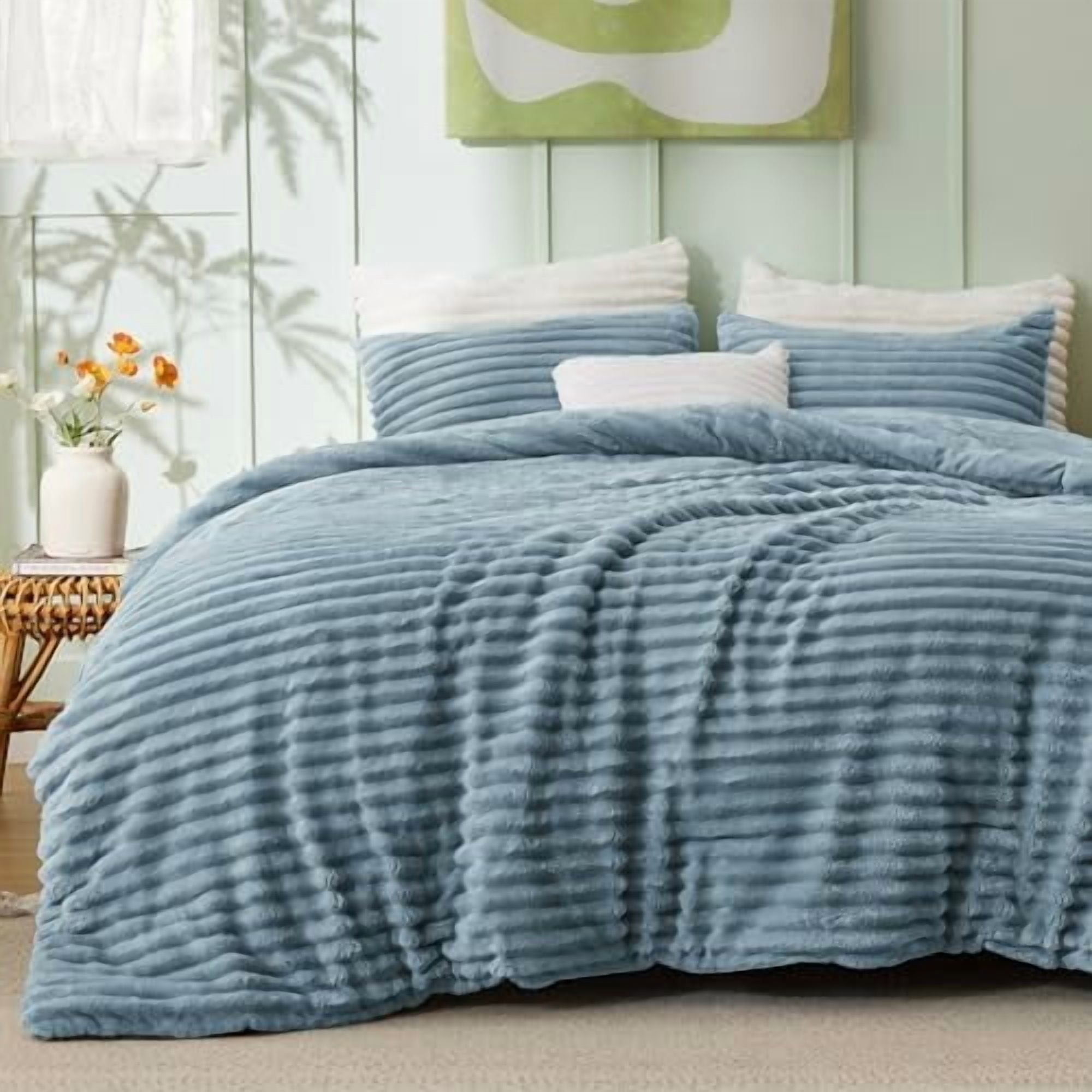 Fluffy Comforter Set Full Size - Super Soft Faux Fur Bed Set Mineral ...