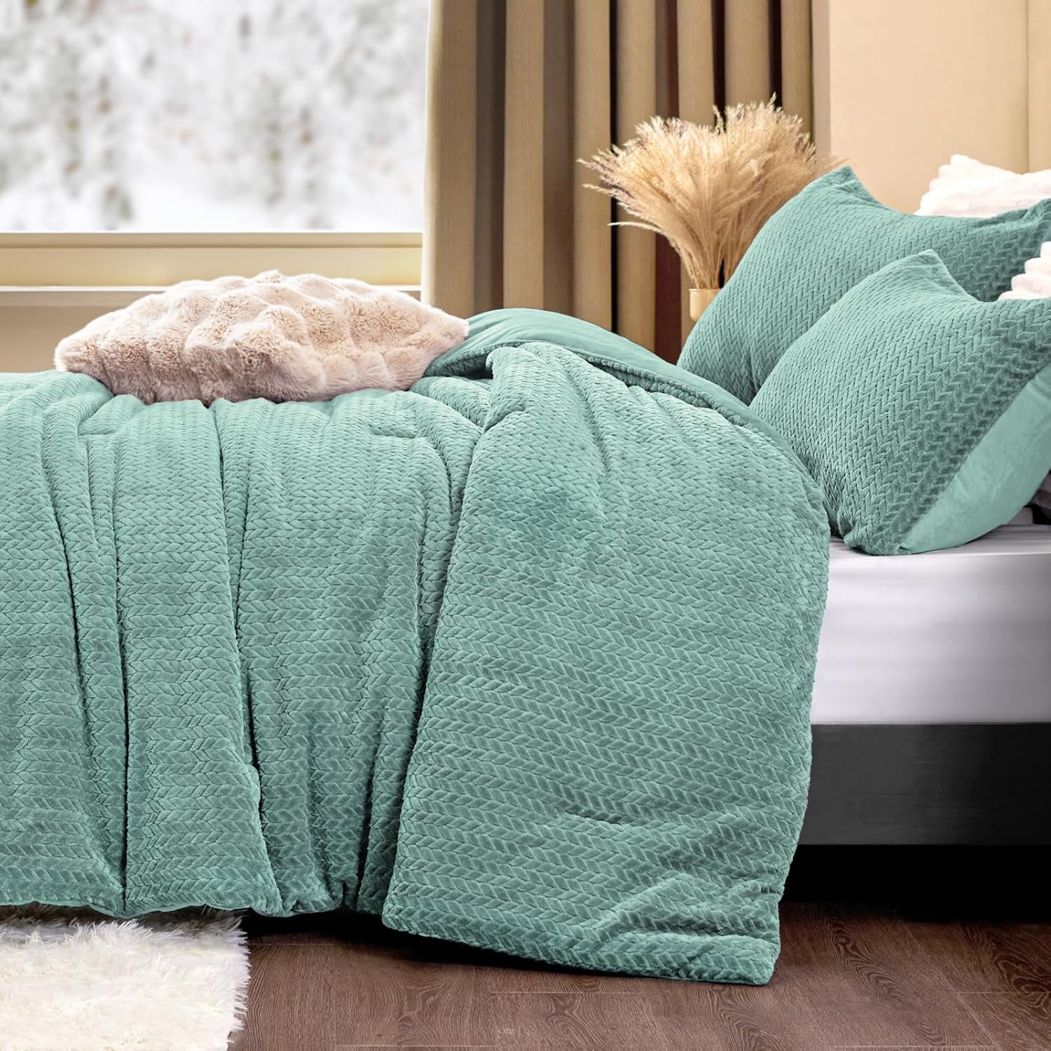 Fluffy Comforter Set - Furry Leaves Pattern Faux Fur Bed Set, Winter ...