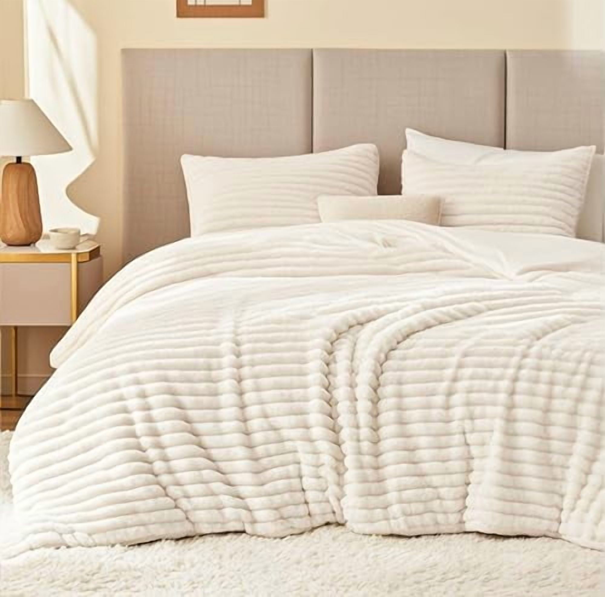 Fluffy Comforter Set King Size - Super Soft Faux Fur Stripe Jacquard ...
