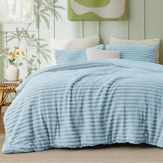 Fluffy Comforter Set Queen - Super Soft Faux Fur Bed Set Cream White ...