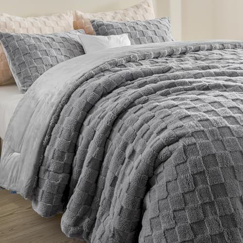 Fluffy Comforter Set Queen - Super Soft Warm Sherpa Comforter Light ...