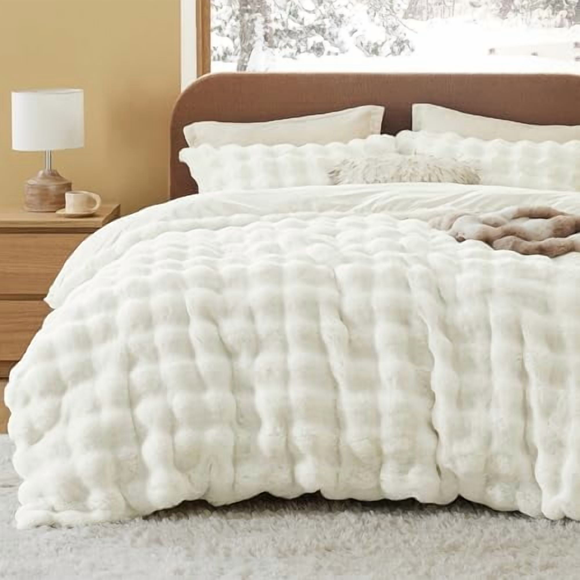 Fluffy Comforter Set Queen - White Faux Fur Comforter Queen Size, Soft ...