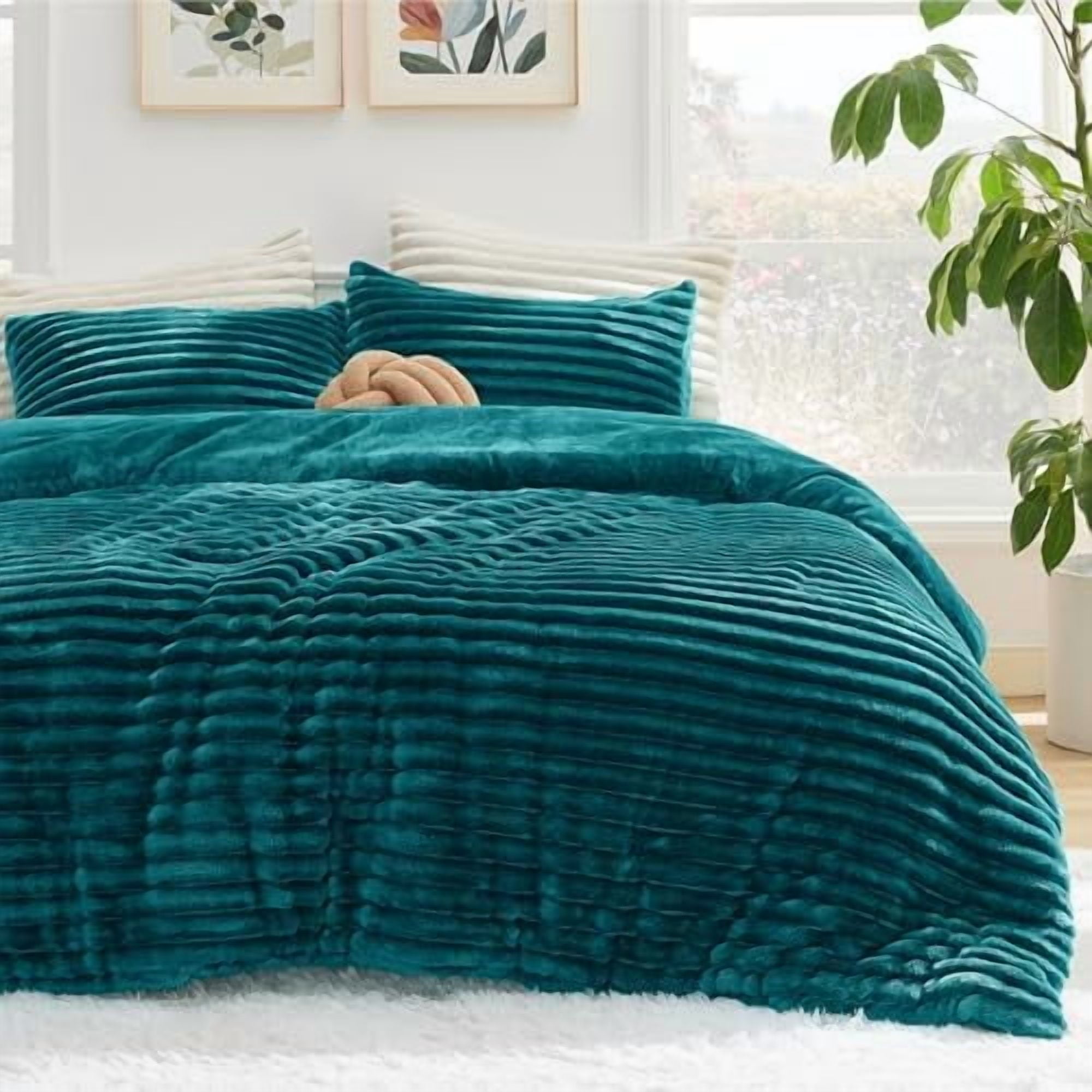Fluffy Comforter Set Twin - Super Soft Faux Fur Bed Set Teal, Warm ...