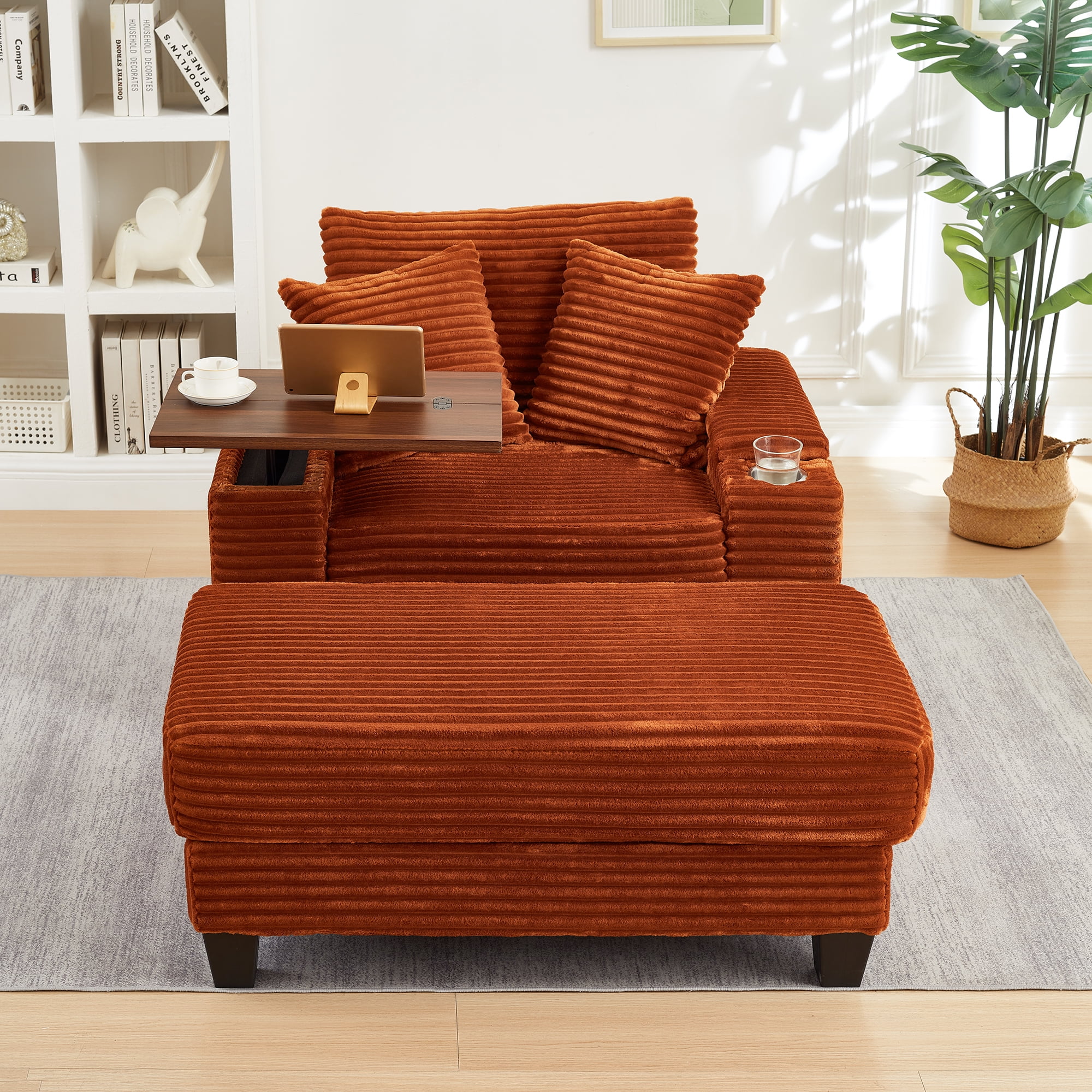 Fluffy Corduroy Storage Armrest Sofa,Single Versatile Seat with Ottoman ...