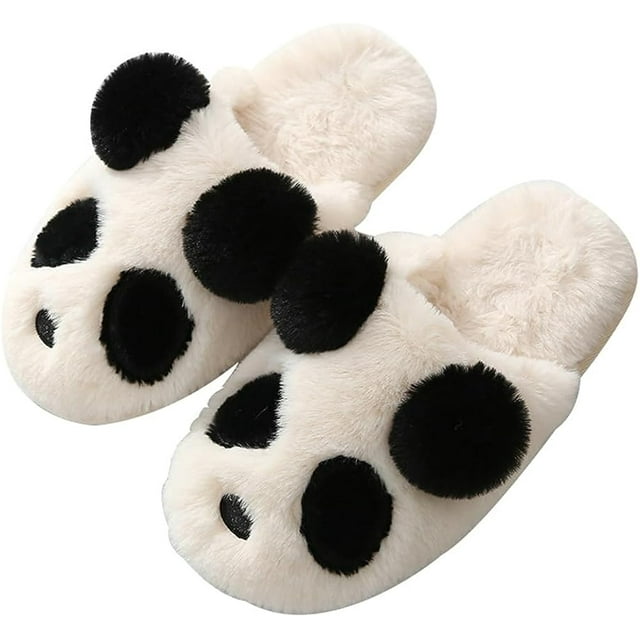 Fluffy Cute Panda Slippers for Women Cozy Furry Plush Bear House ...