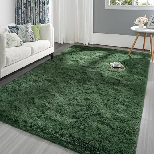 Fluffy Deep Green Area Rug for Bedroom Living Room, 4x6 Feet Super Soft ...