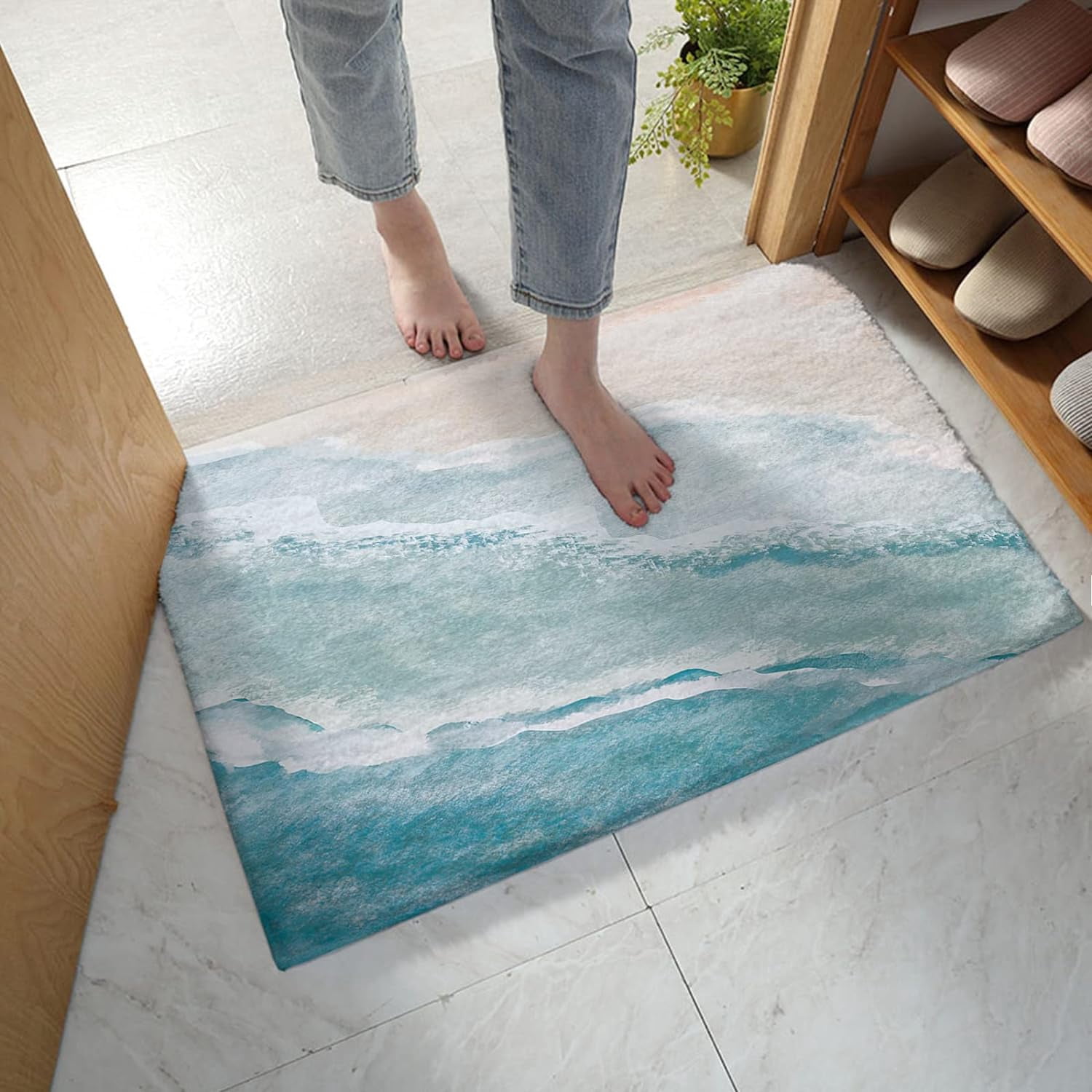 Fluffy Doormat Bath Rugs Blue Sea Beach Sand Non-Slip Ultra Soft Indoor ...