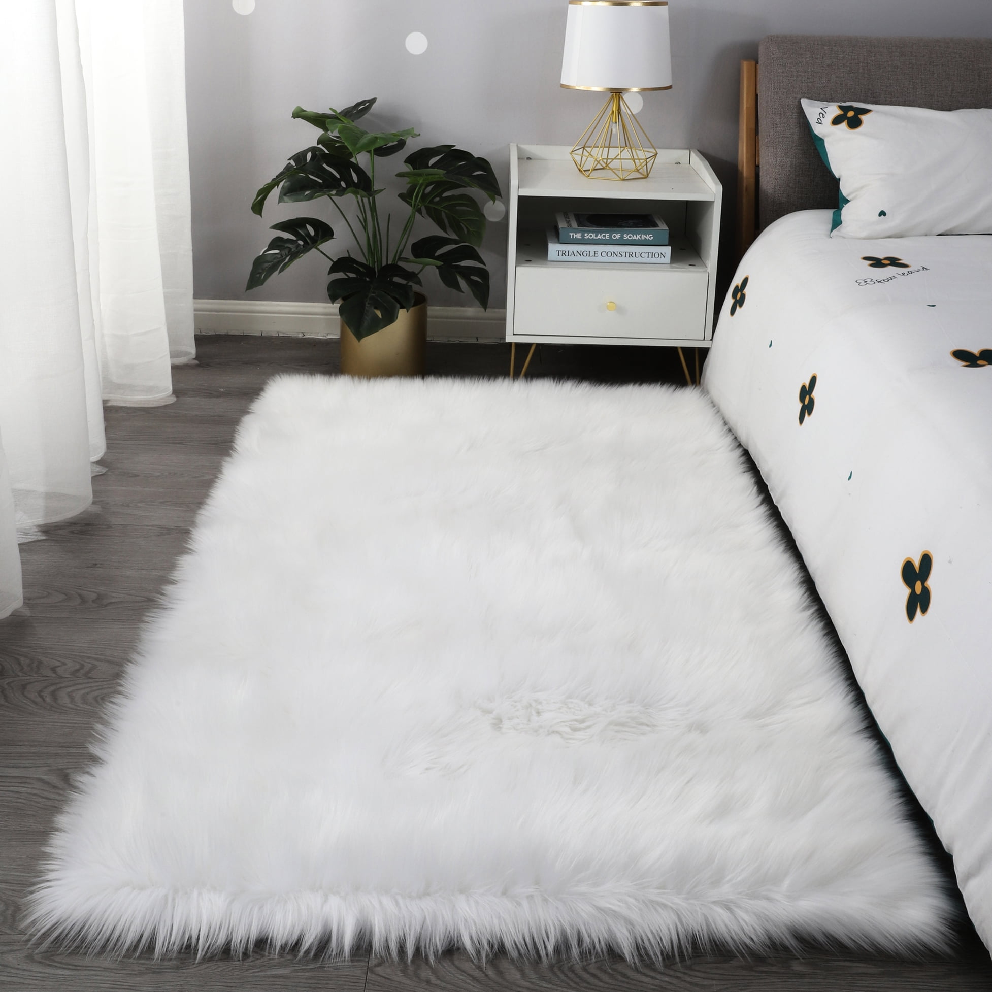 Fluffy Faux Fur Area Rug, 84 X 60 Inches, White, 100% , Densely Woven ...