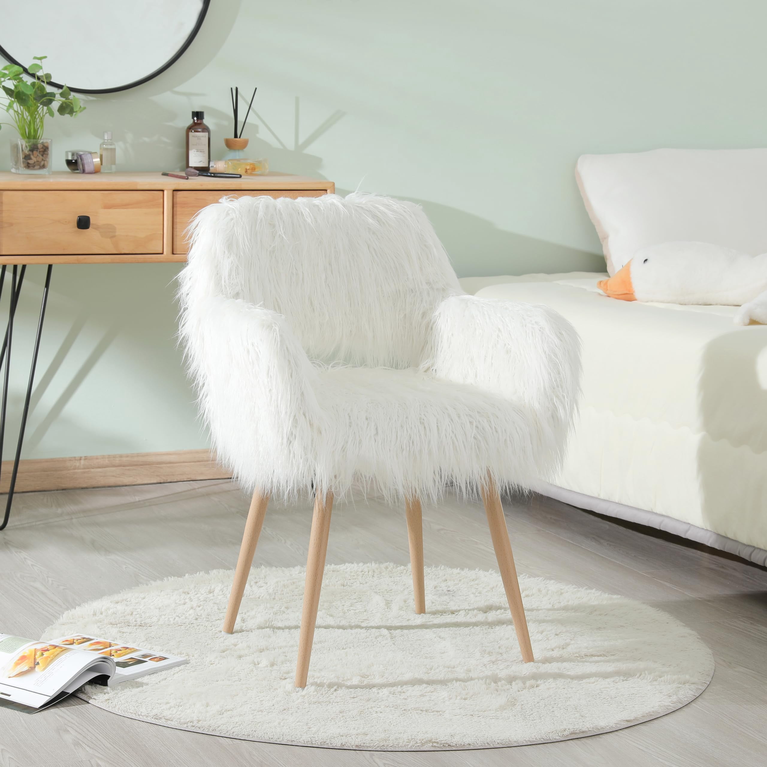 Fluffy Faux Fur Vanity Chair with Wood Grain Metal Legs, Soft Accent ...