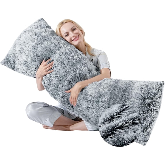 Fluffy Full Body Pillow with Memory Foam Cover for Bed Grey Cuddle ...