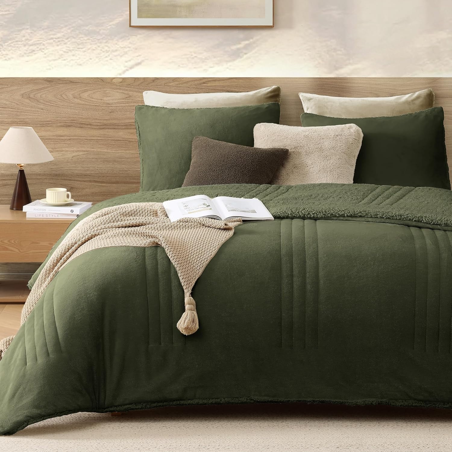 Fluffy Full Comforter Set 3 Piece Cozy Sherpa Comforter Full Size Olive Green, Winter Warm ...