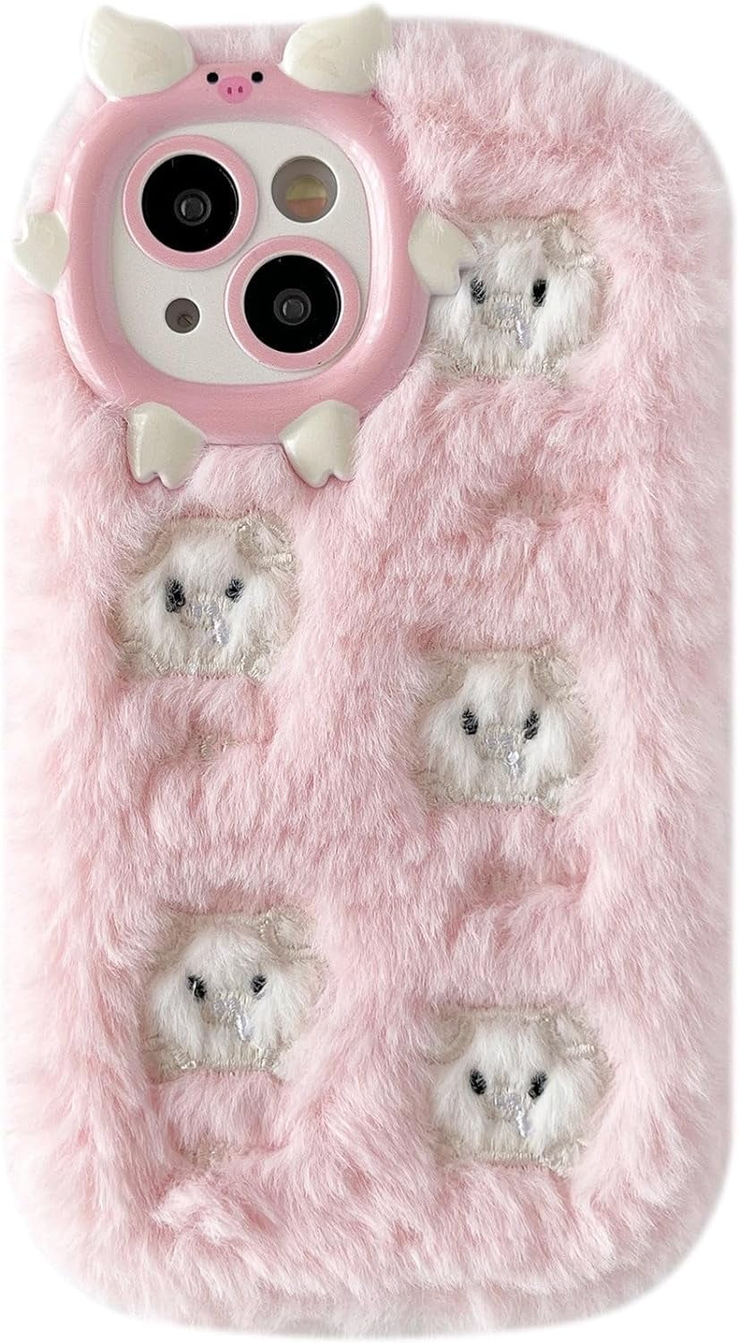 Fluffy Fuzzy Furry Warm Plush Cute Pig Pattern Compatible with iPhone ...