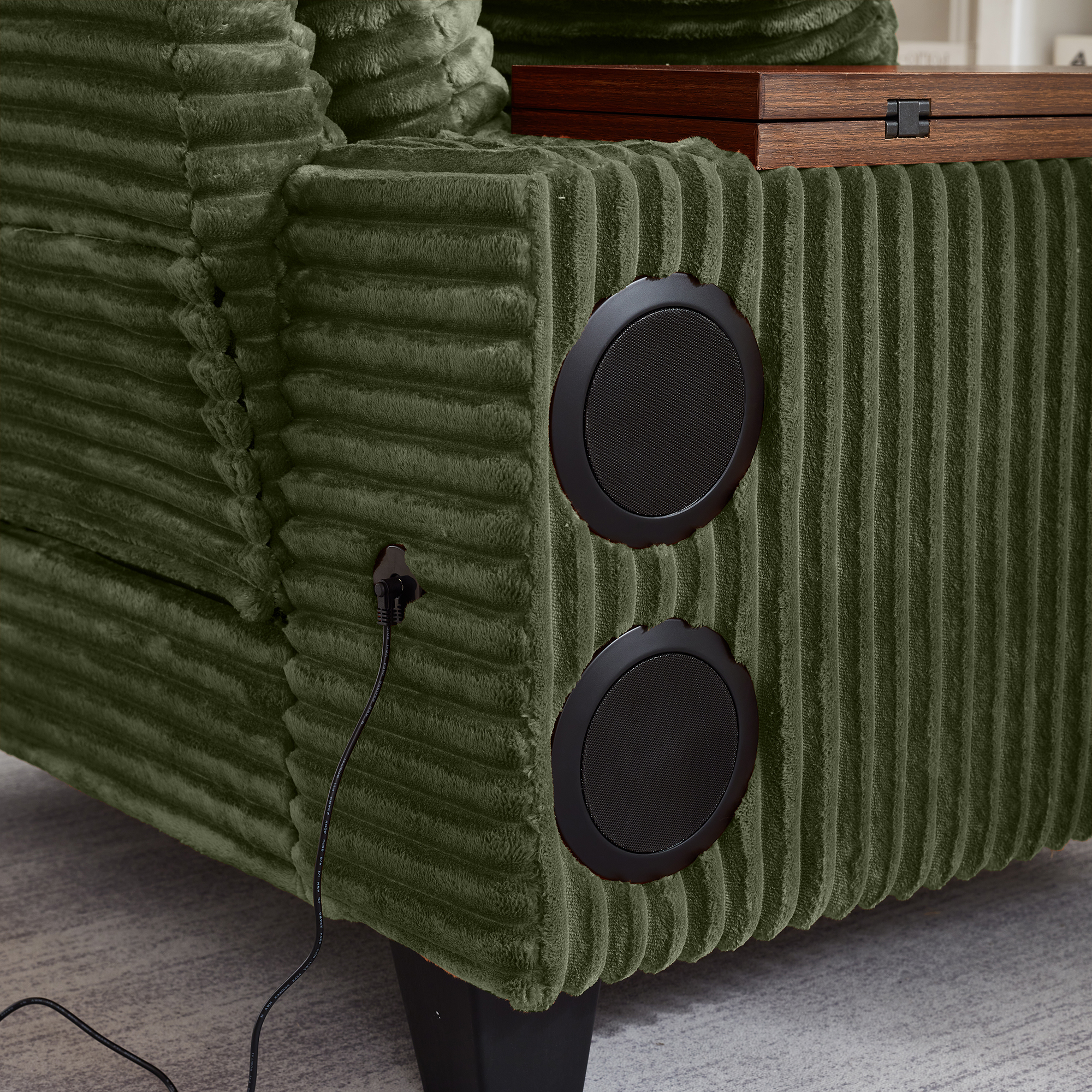 Fluffy Green Corduroy Single Armrest Sofa with 180° Rotating Table ...