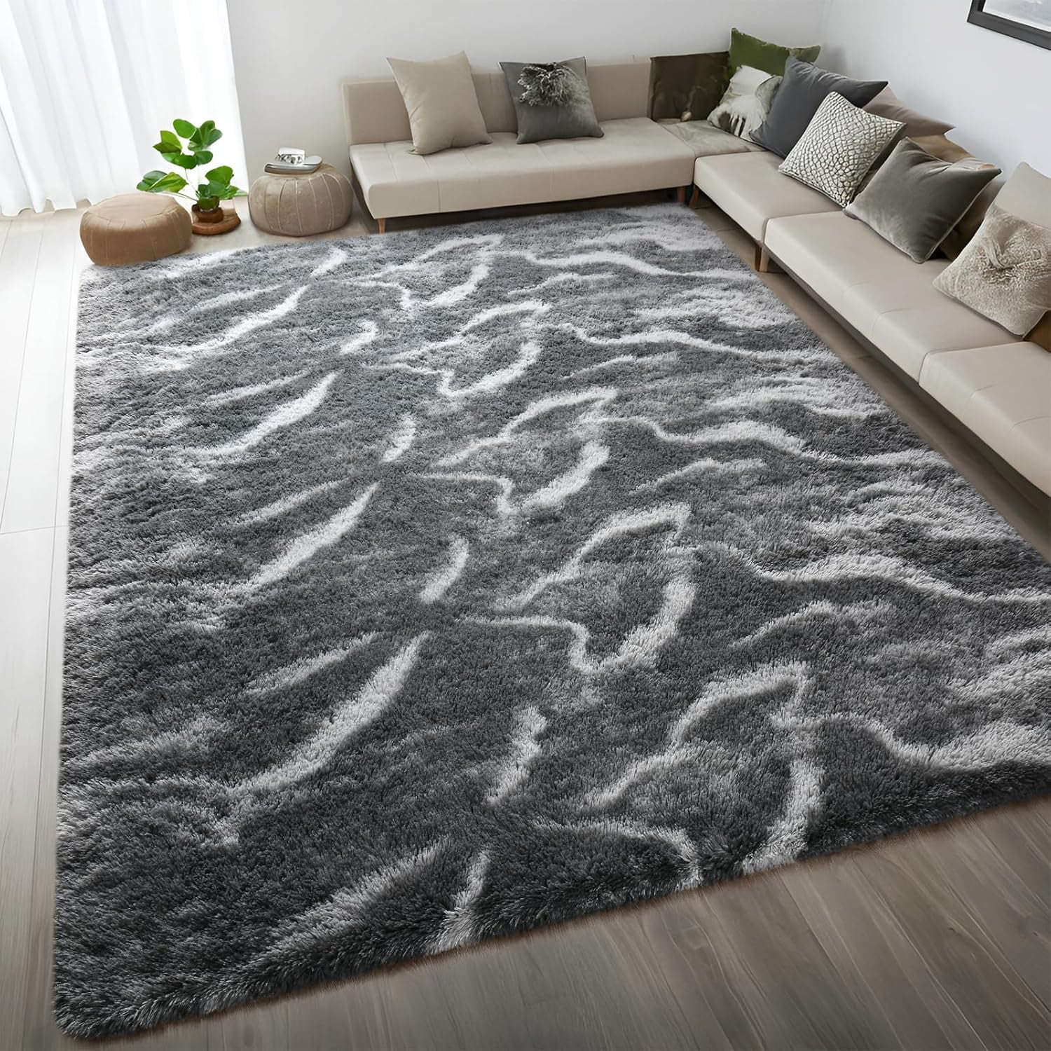 Fluffy Grey Rug for Bedroom Living Room, 5x8 Feet Rectangle Large Plush ...