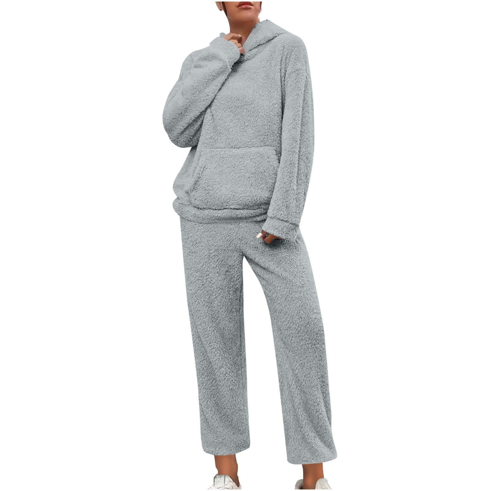 Fluffy Hoodies Pajamas Set for Women Colorblock Fleece Pullover 2 Piece ...