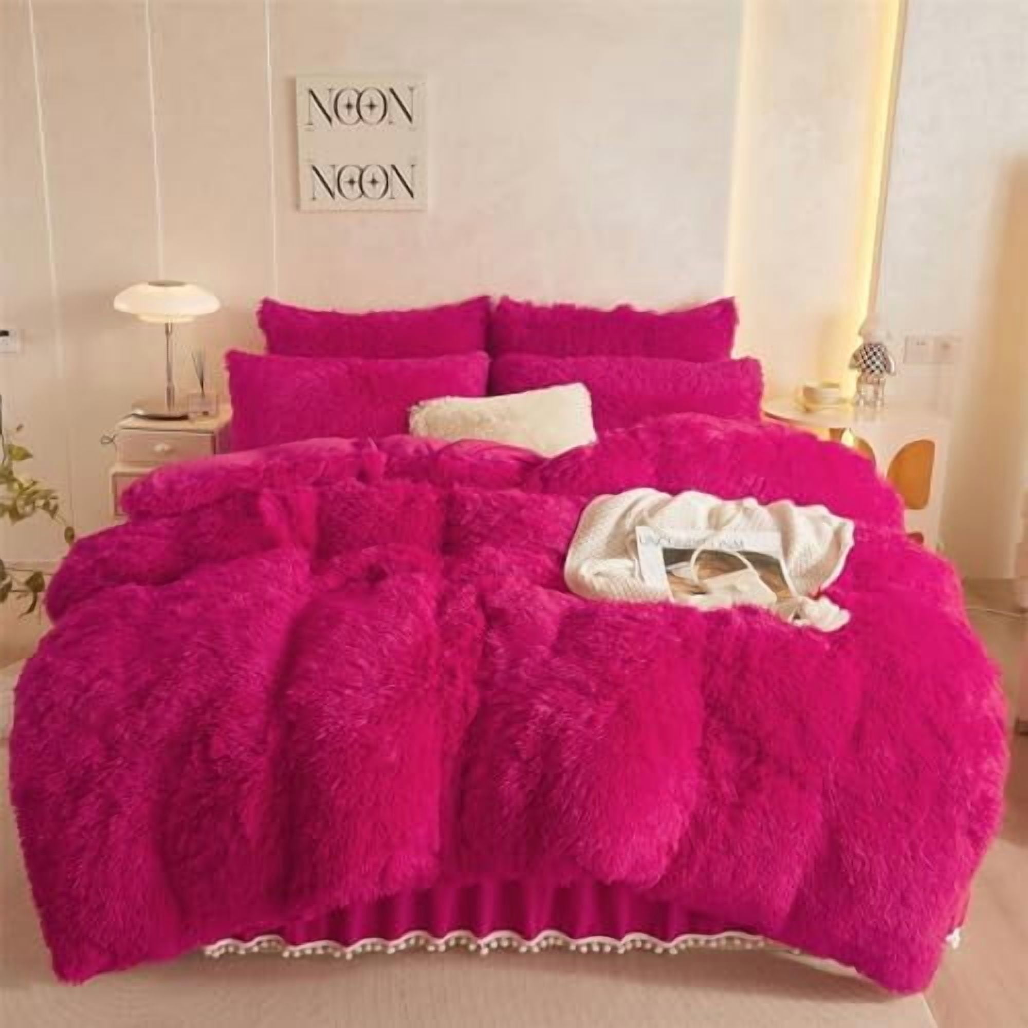 Fluffy Hot Pink Comforter Cover Queen Set, Soft Plush Furry Hot Pink ...