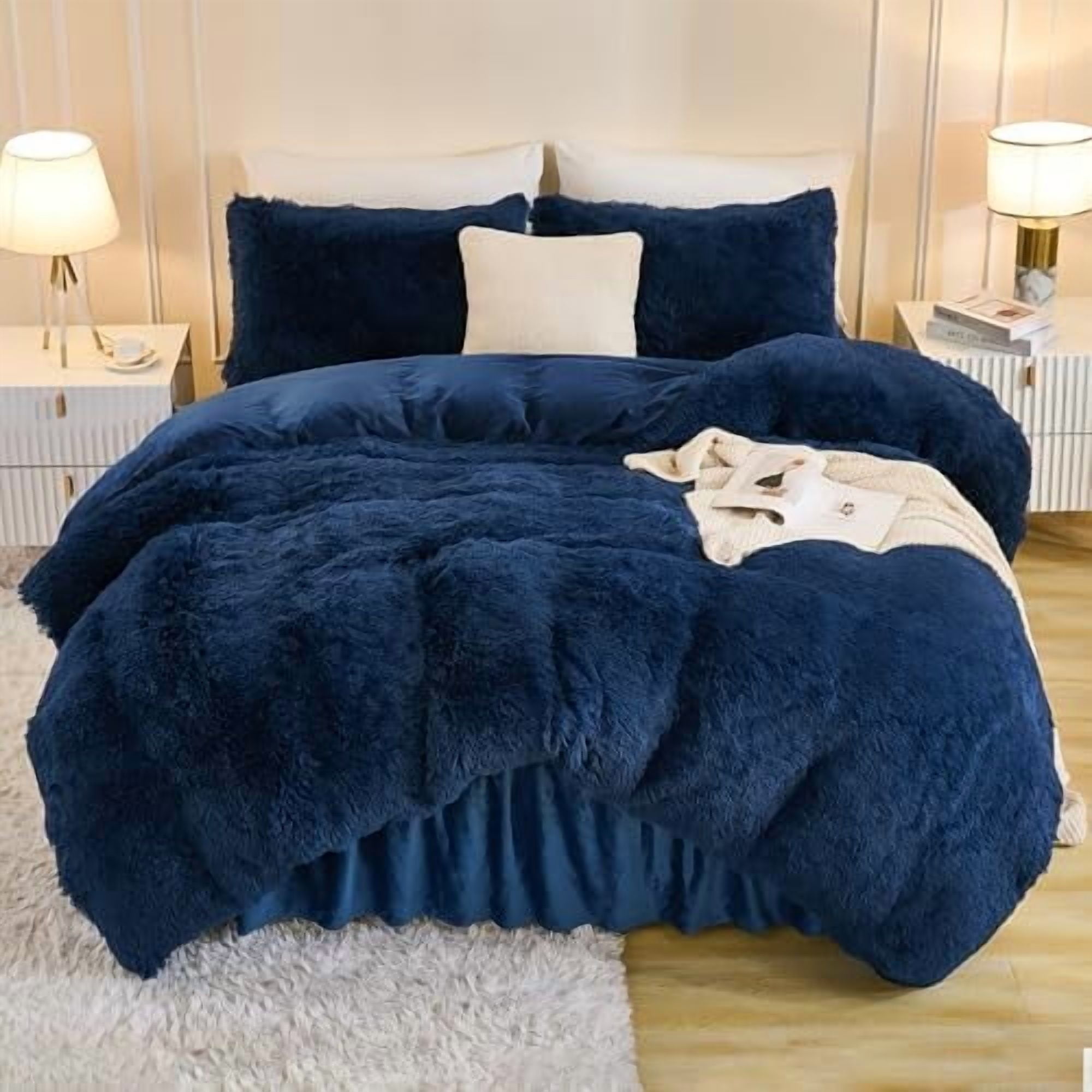 Fluffy Navy Blue Comforter Set King Size, 3 Pieces Winter Faux Fur Warm ...