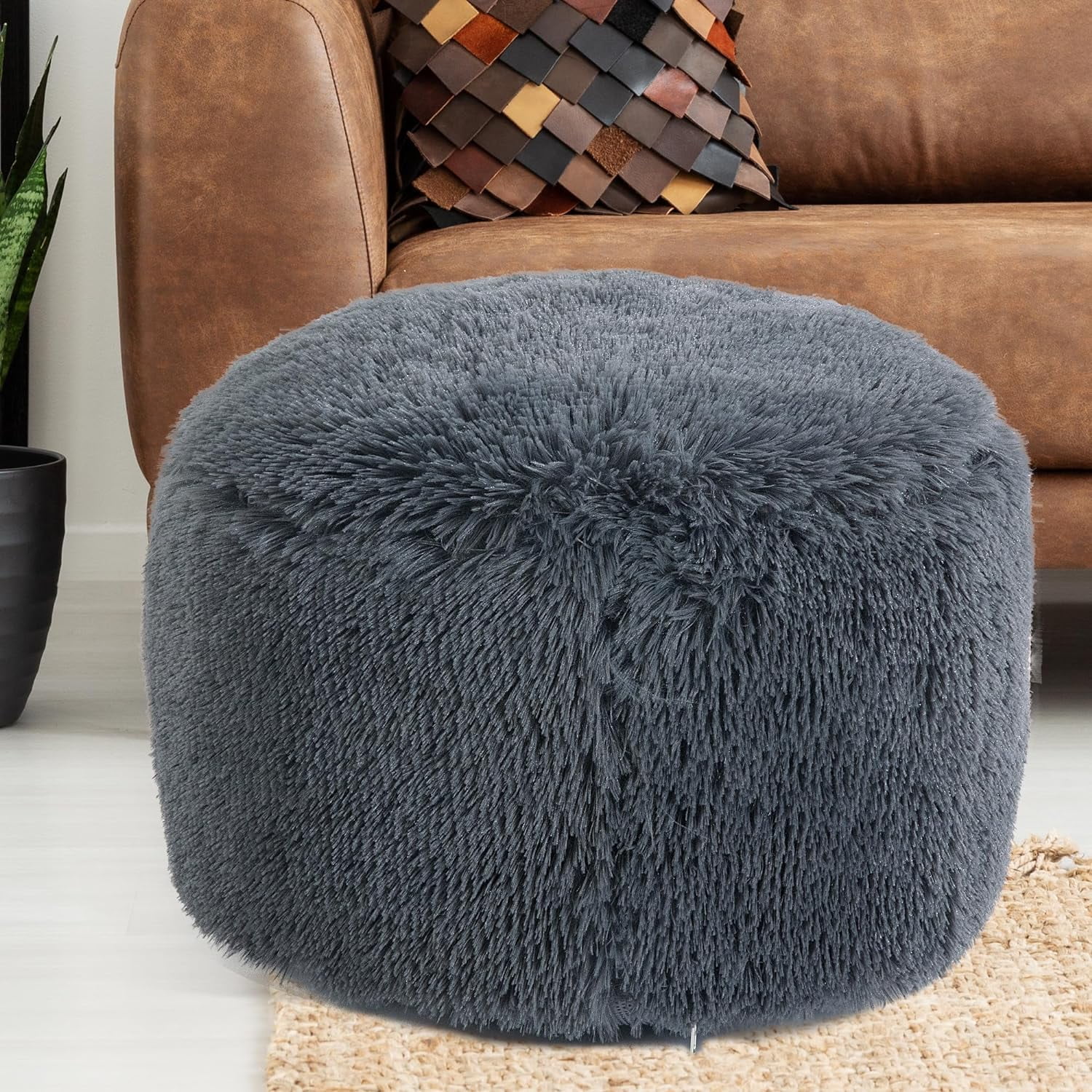 Fluffy Pouf Ottoman with Down-Alternative Filling, Stuffed Round Faux ...