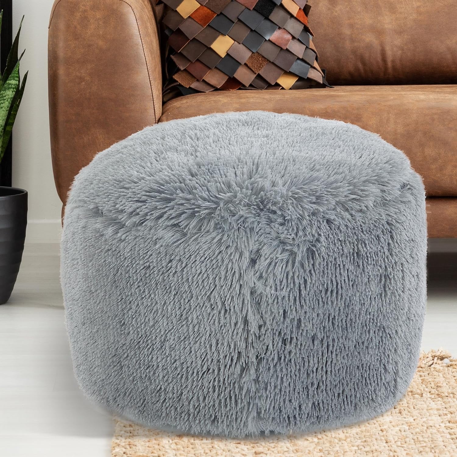 Fluffy Pouf Ottoman with Down-Alternative Filling, Stuffed Round Faux ...